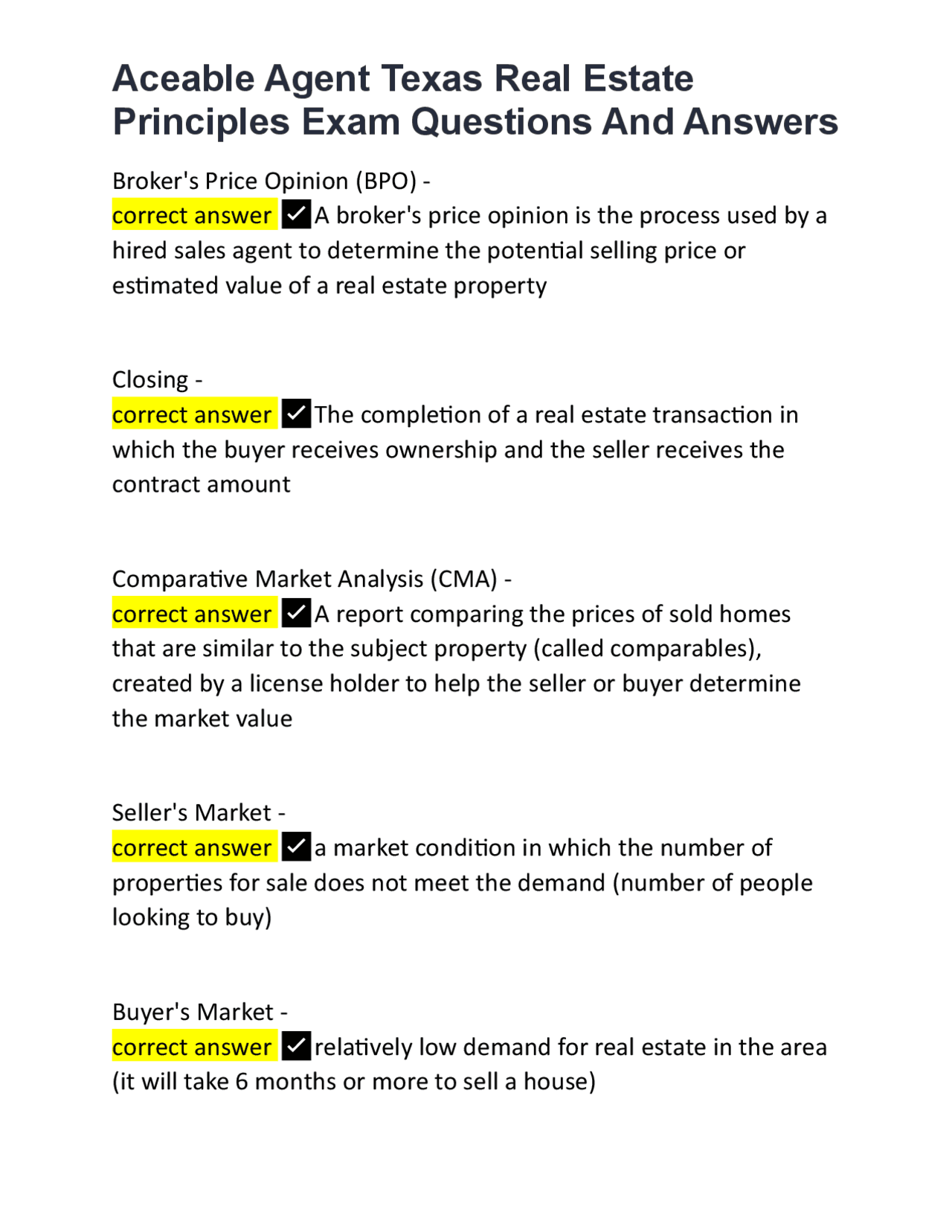 Aceable Agent Texas Real Estate Principles Exam Questions And Answers ...