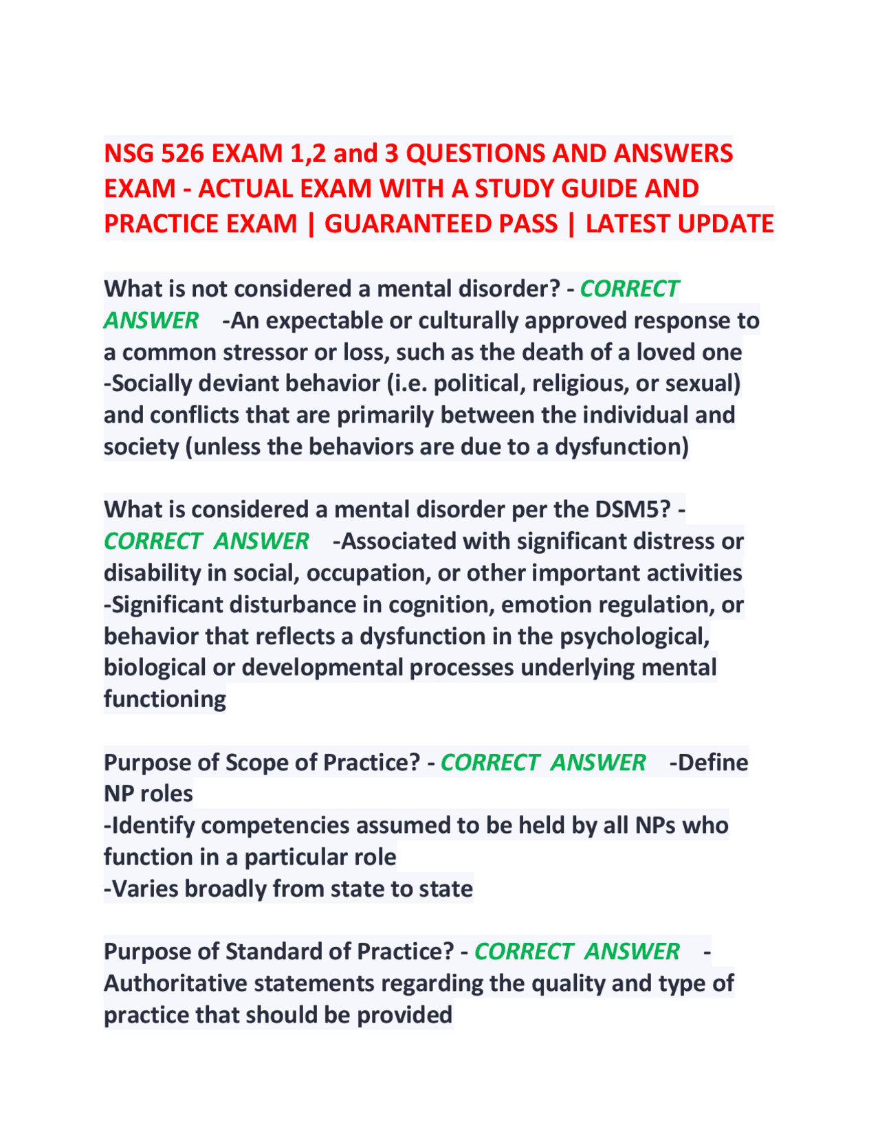 NSG 526 EXAM 1,2 and 3 QUESTIONS AND ANSWERS EXAM - ACTUAL EXAM WITH A STUDY GUIDE AND P | Exams ...