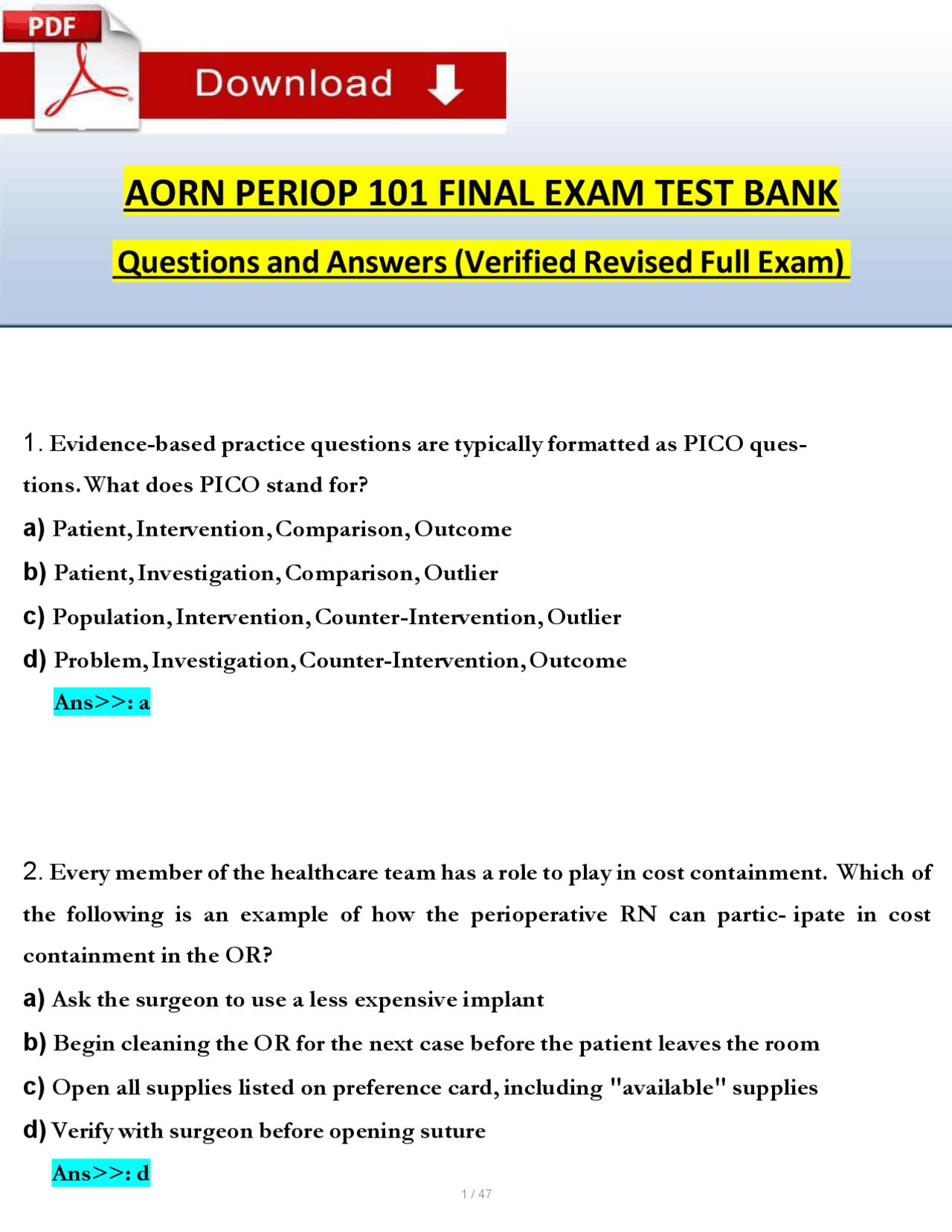 AORN PERIOP 101 FINAL EXAM TEST BANK Questions and Answers), Exams of ...