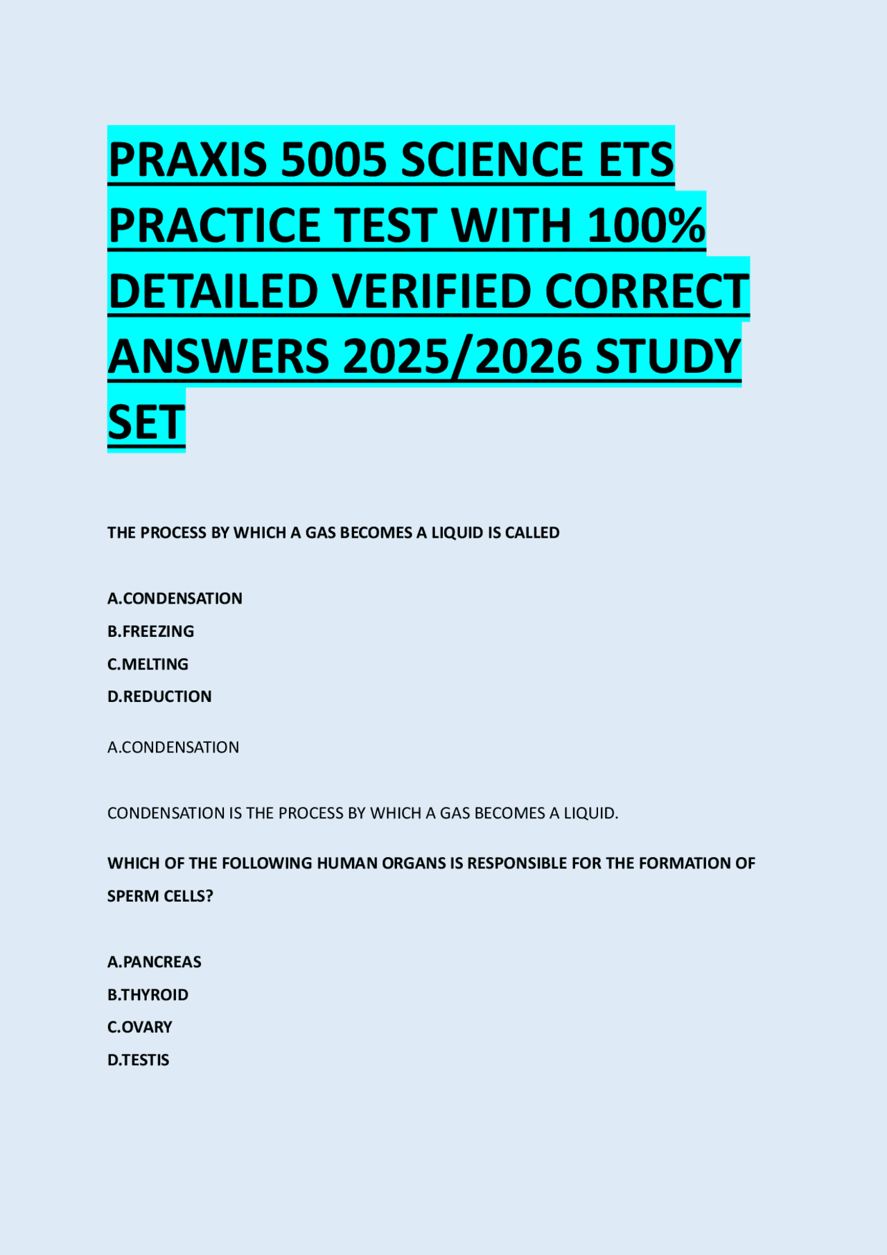PRAXIS 5005 SCIENCE ETS PRACTICE TEST WITH 100% DETAILED VERIFIED ...