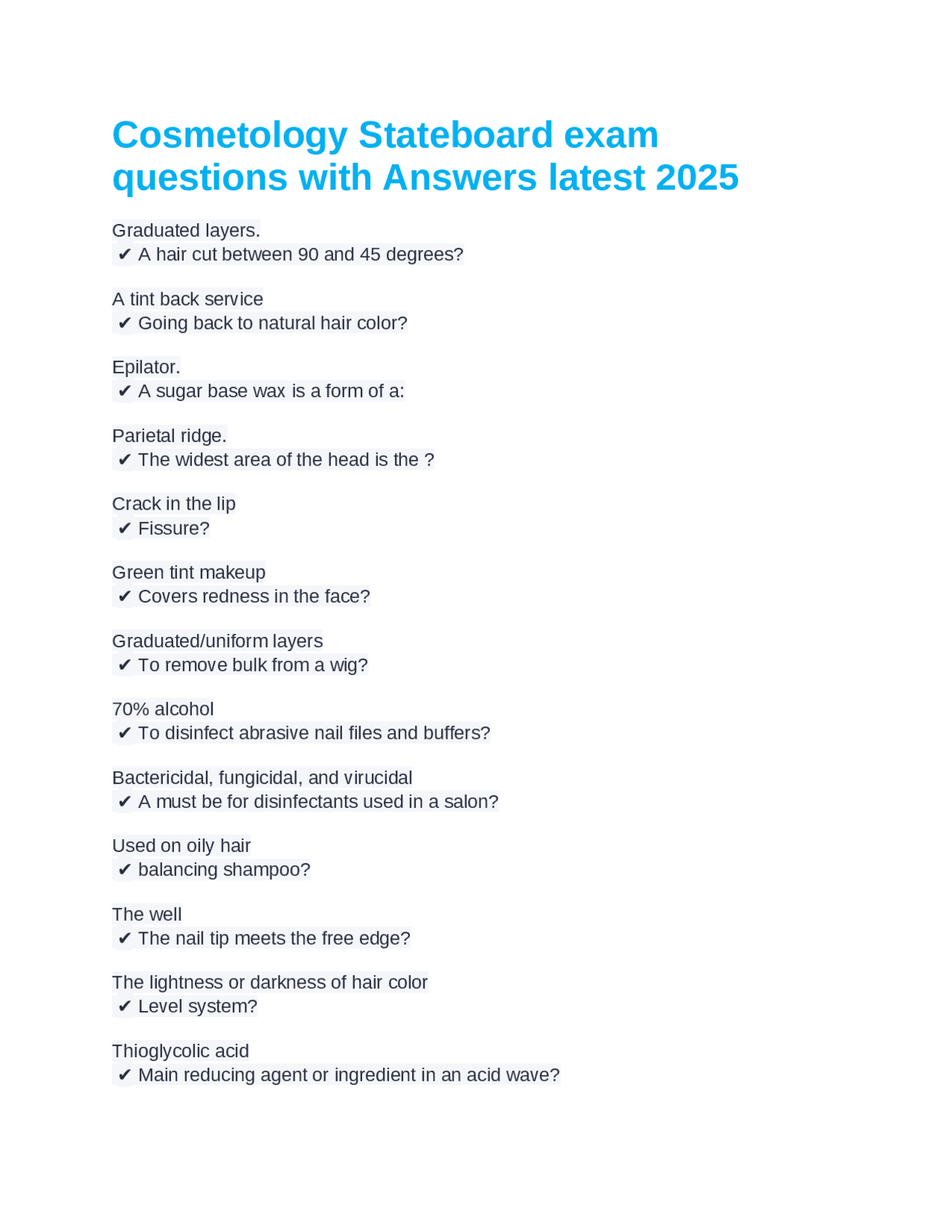 Cosmetology Stateboard exam questions with Answers latest 2025 | Exams ...