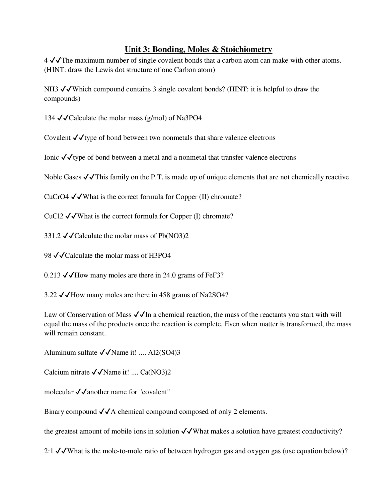 Chemistry Exercises: Bonding, Moles & Stoichiometry | Exercises ...