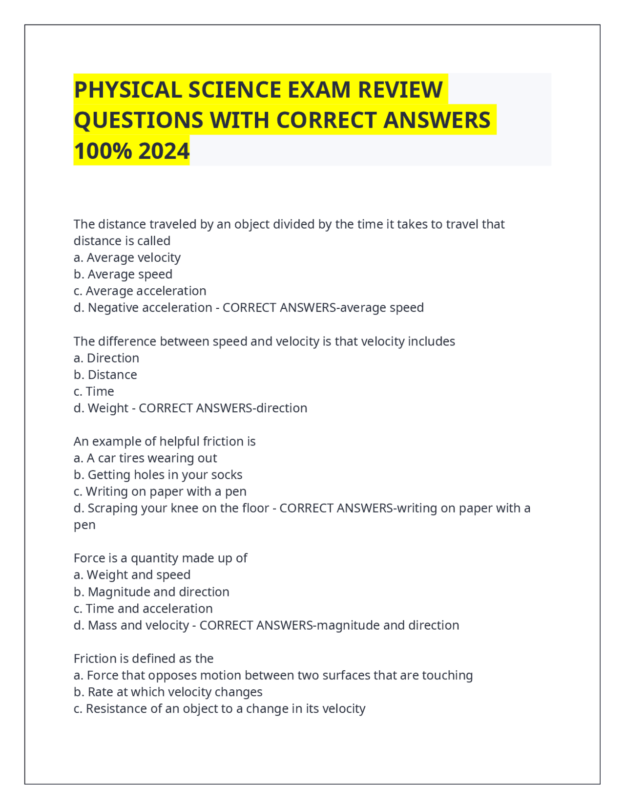 PHYSICAL SCIENCE EXAM REVIEW QUESTIONS WITH CORRECT ANSWERS 100% 2024 ...