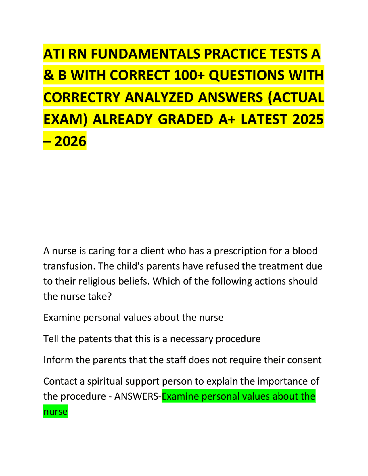 ATI RN FUNDAMENTALS PRACTICE TESTS A & B WITH CORRECT 100+ QUESTIONS ...