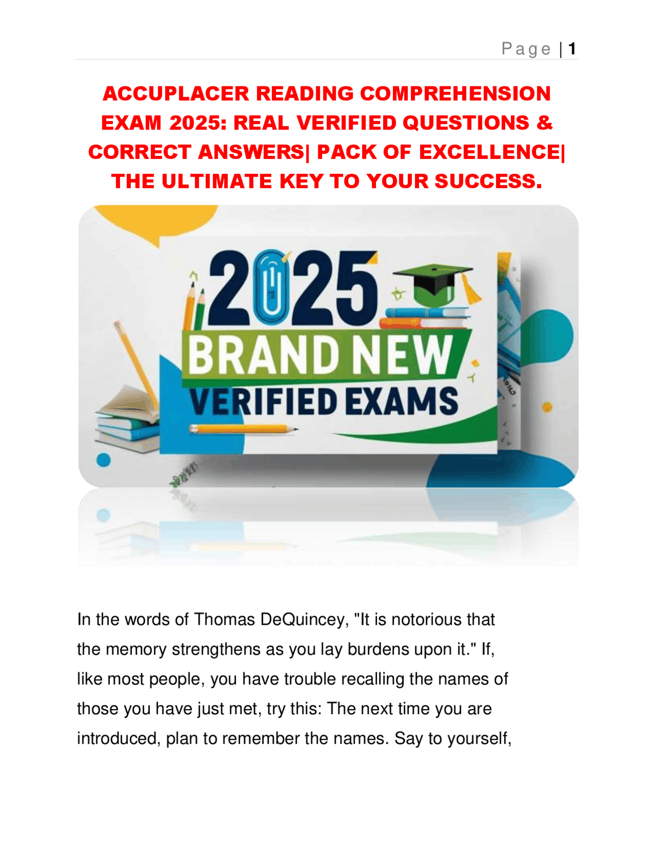 ACCUPLACER READING COMPREHENSION EXAM 2025: REAL VERIFIED QUESTIONS ...