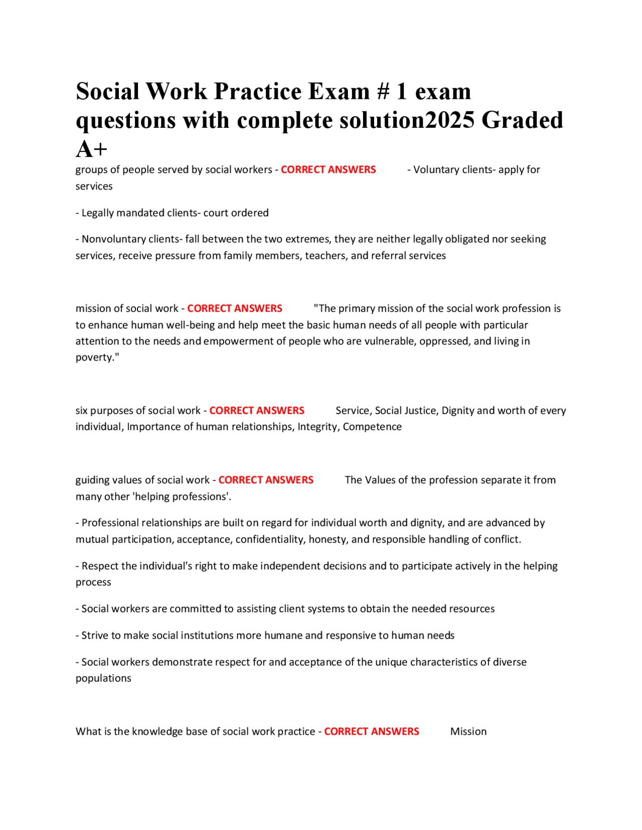 Social Work Practice Exam Questions and Answers | Exams Nursing | Docsity