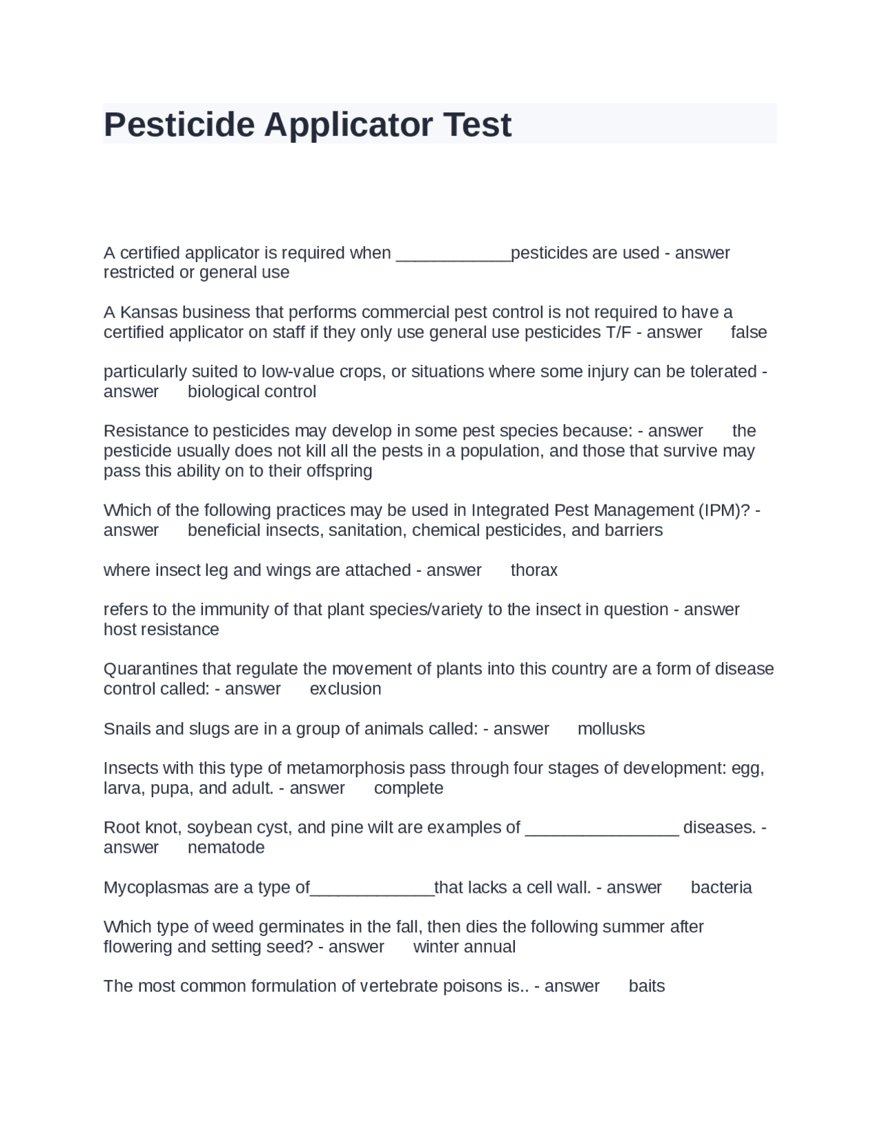 Pesticide Applicator Test Questions and Answers 100% Solved | Exams ...