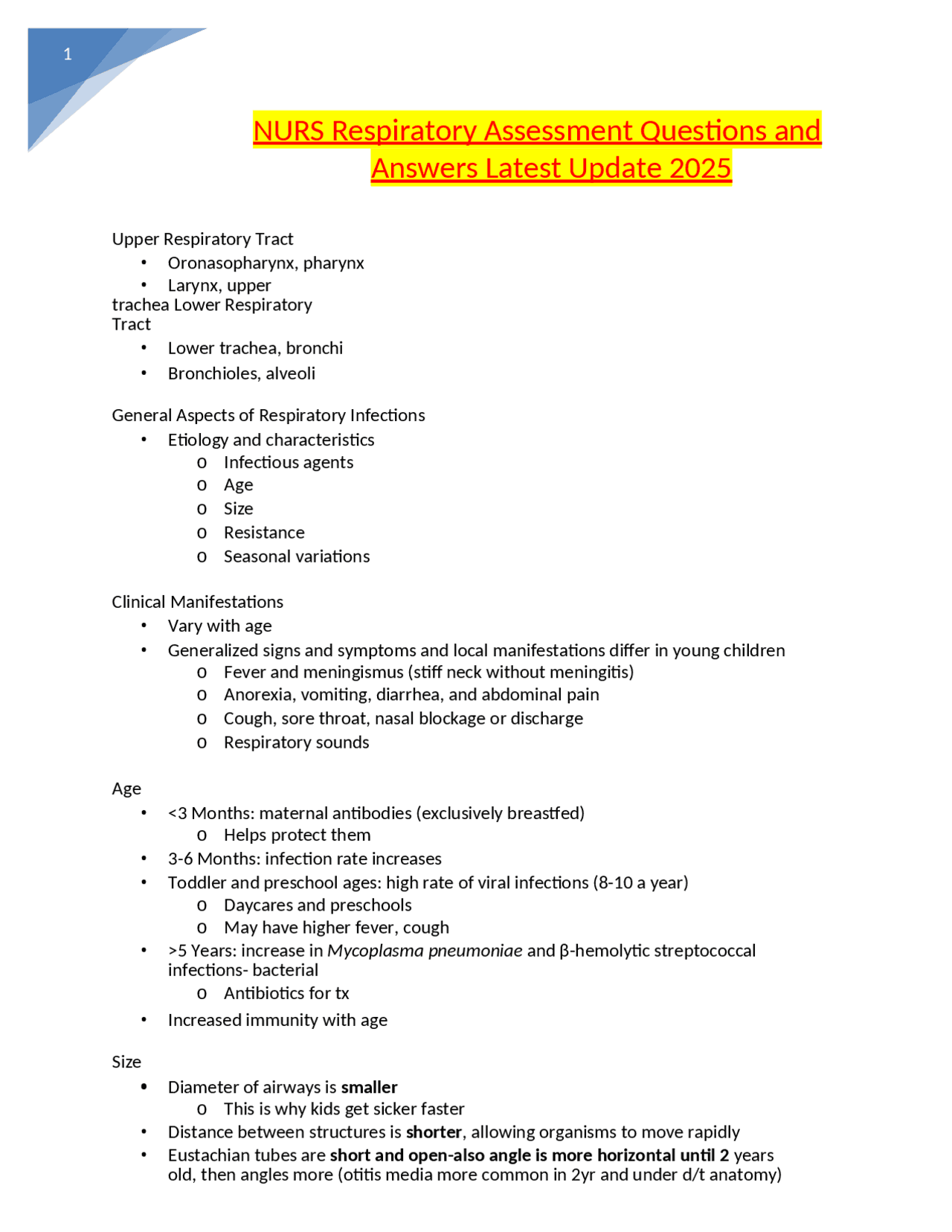 NURS Respiratory Assessment Questions and Answers Latest Update 2025 ...
