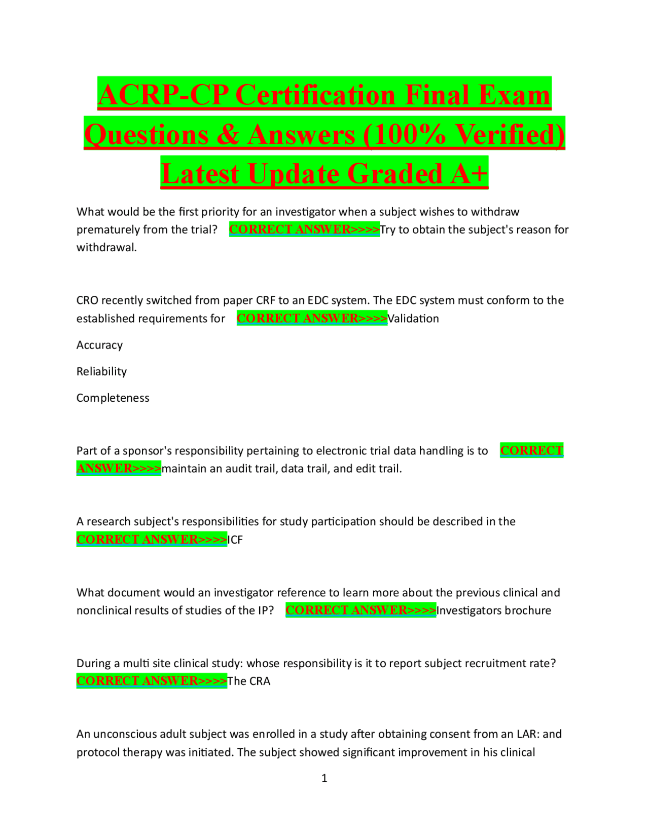 ACRP-CP Certification Final Exam Questions & Answers (100% Verified ...