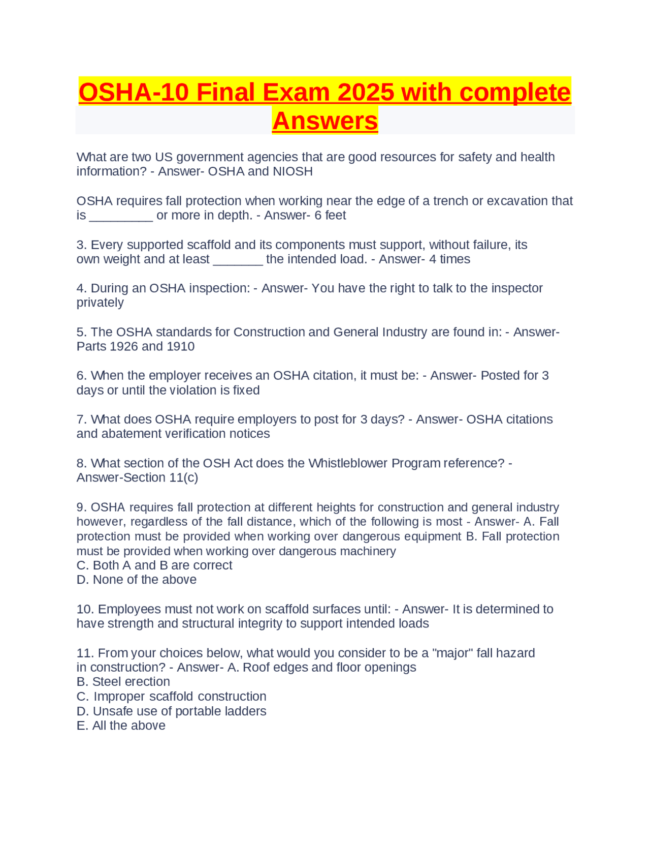 OSHA-10 Final Exam 2025 with complete Answers | Exams Nursing | Docsity