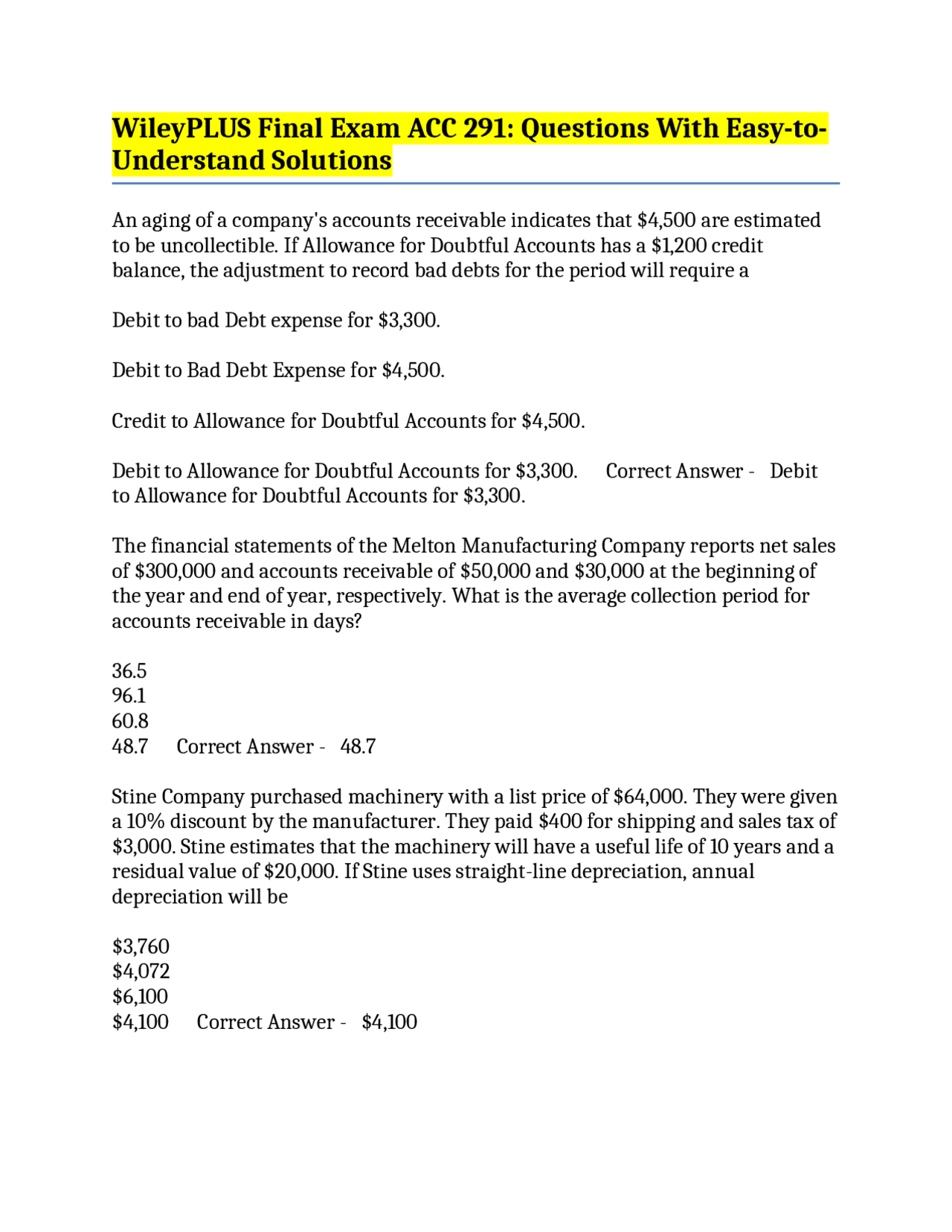 WileyPLUS Final Exam ACC 291: Questions With Easy-to-Understand ...