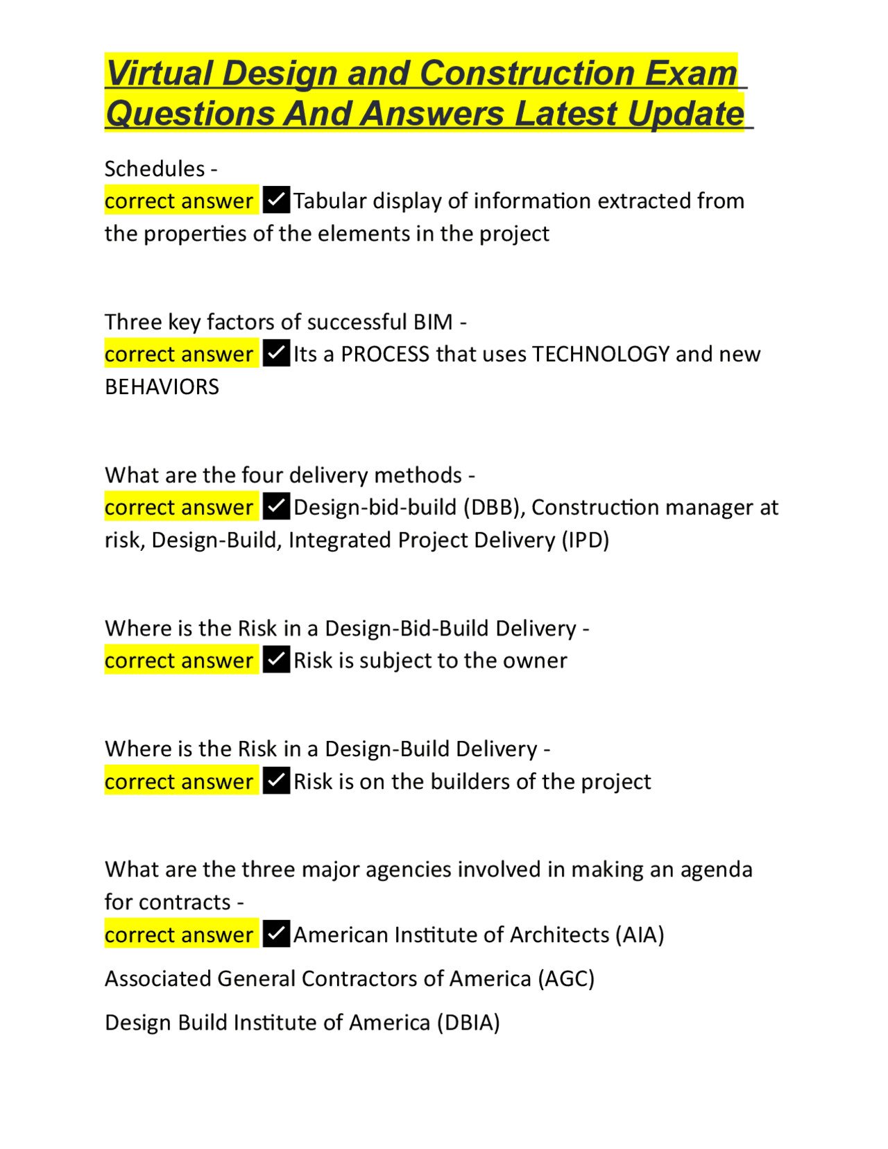 Virtual Design and Construction Exam Questions and Answers | Exams ...