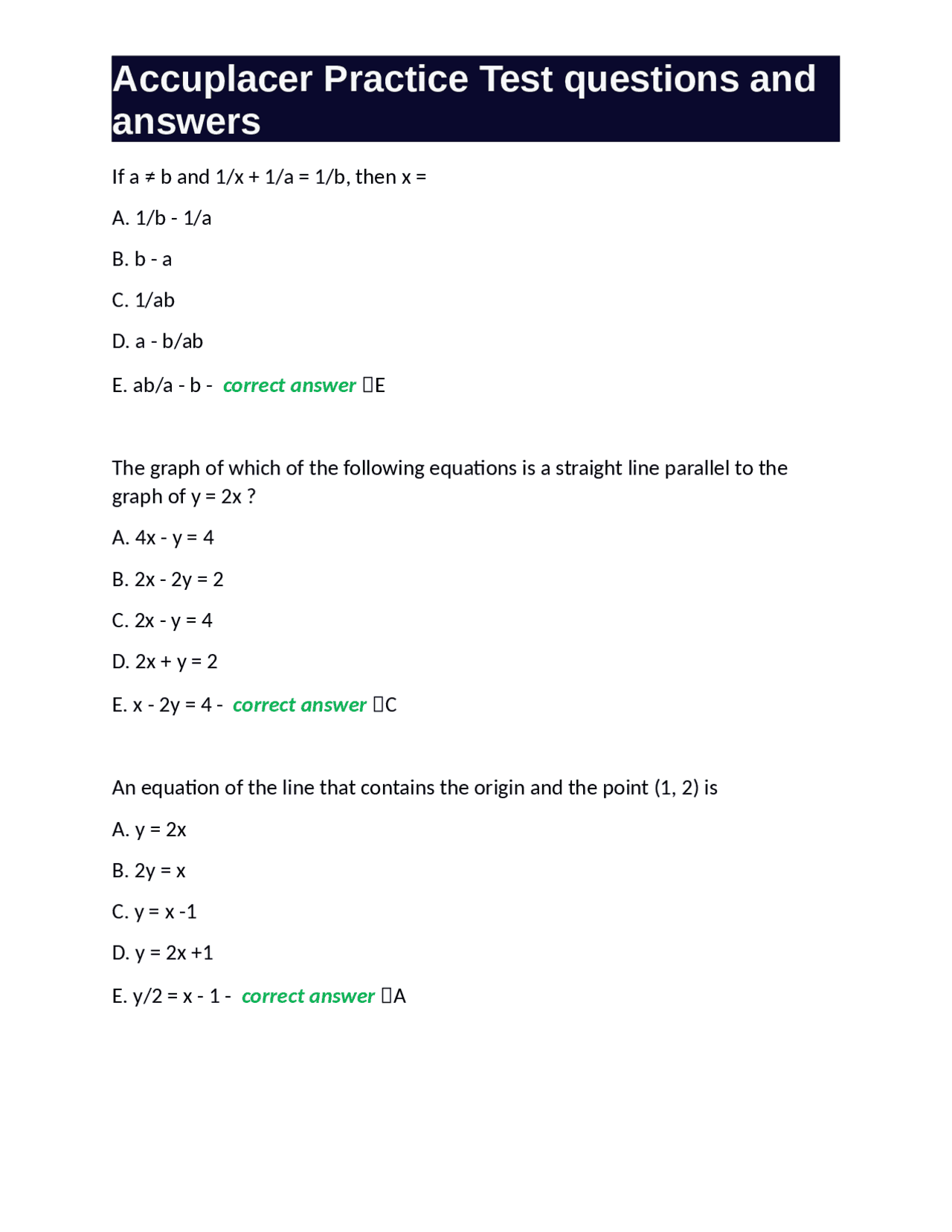 Accuplacer Practice Test questions and answers | Exams Nursing | Docsity