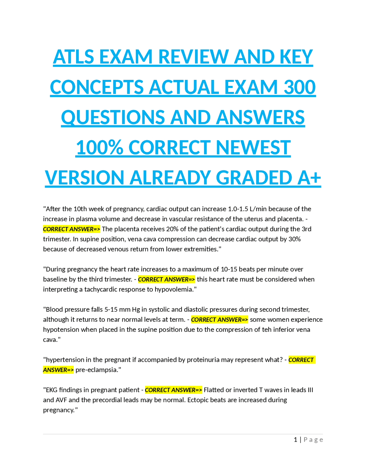 ATLS EXAM REVIEW AND KEY CONCEPTS ACTUAL EXAM 300 QUESTIONS AND ANSWERS ...