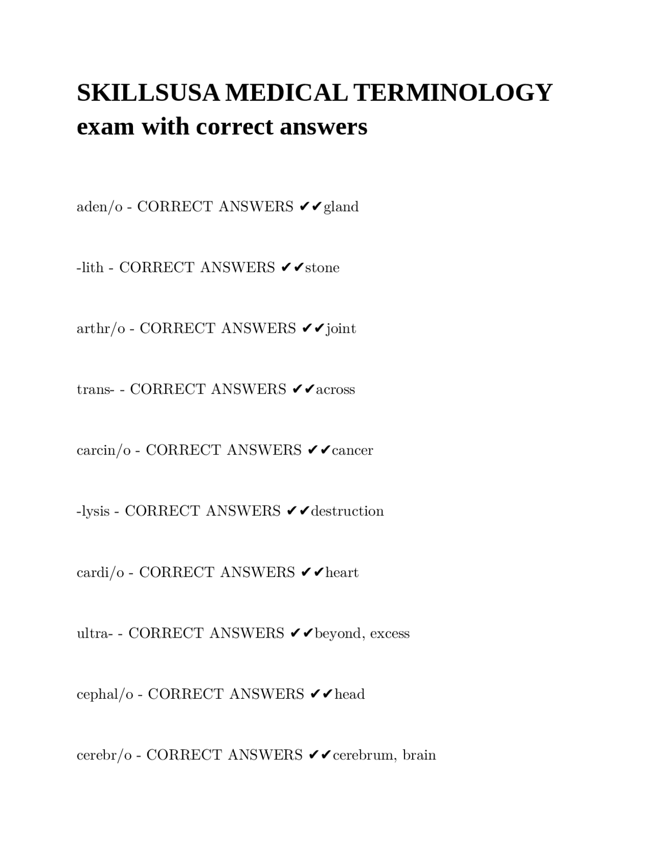SKILLSUSA Medical Terminology Exam with Correct Answers | Exams ...