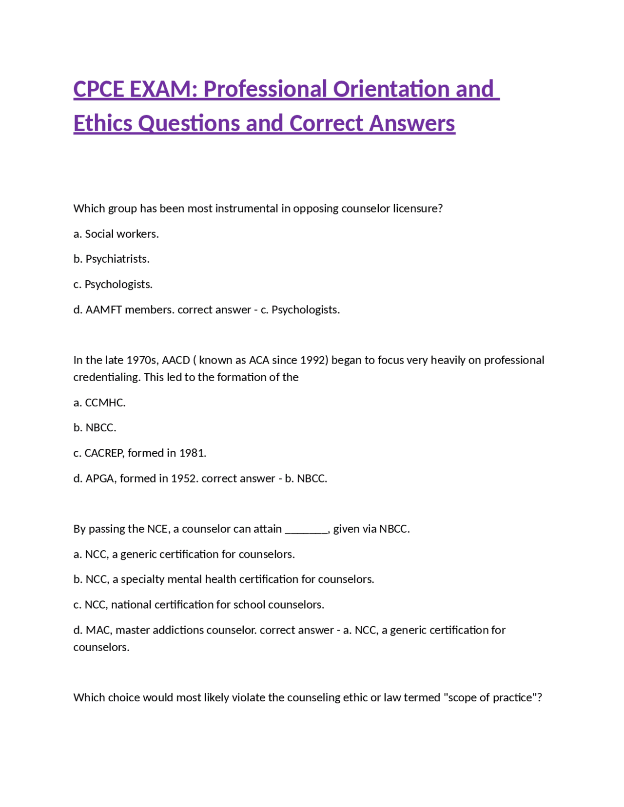 CPCE EXAM: Professional Orientation and Ethics Questions and Correct ...
