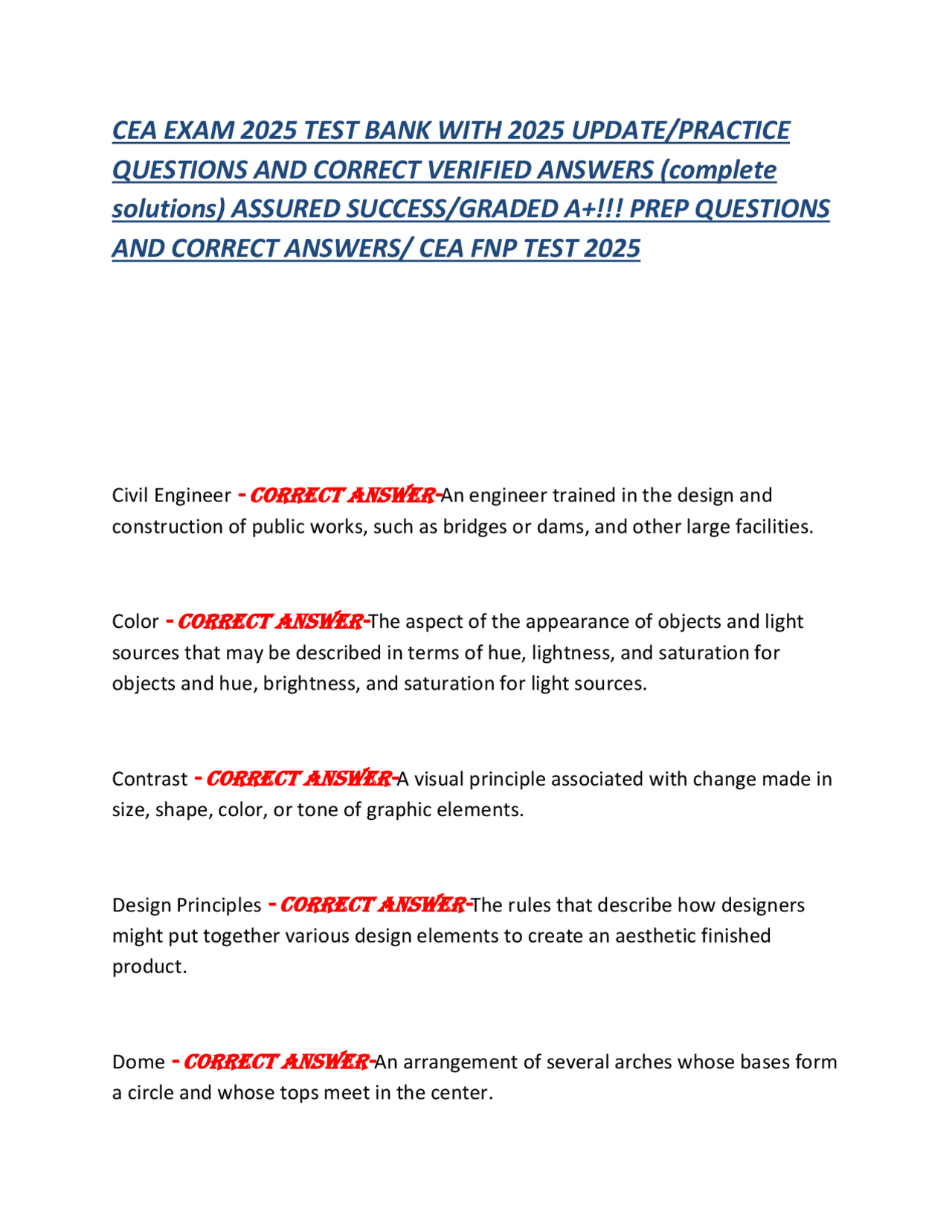CEA EXAM 2025 TEST BANK WITH 2025 UPDATE/PRACTICE QUESTIONS AND CORRECT ...