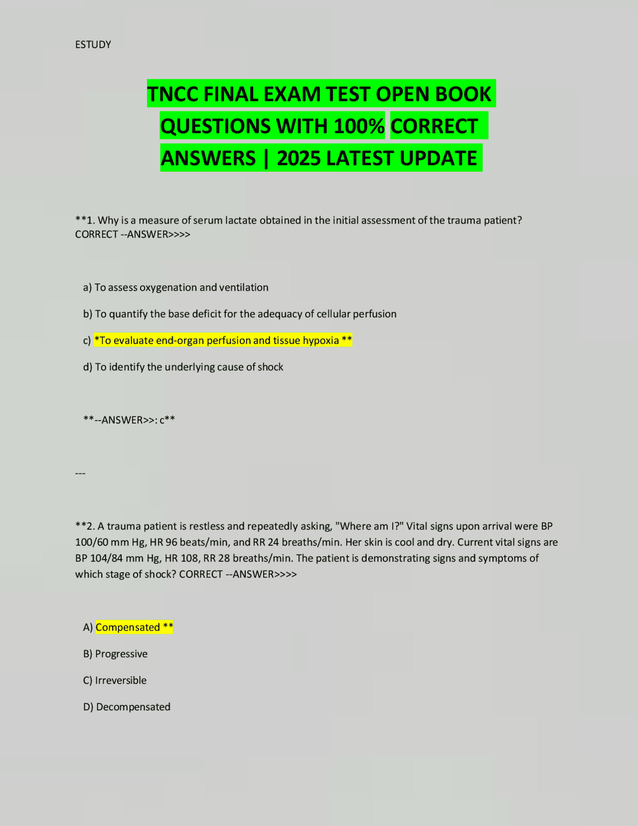 TNCC FINAL EXAM TEST OPEN BOOK QUESTIONS WITH 100% CORRECT ANSWERS ...