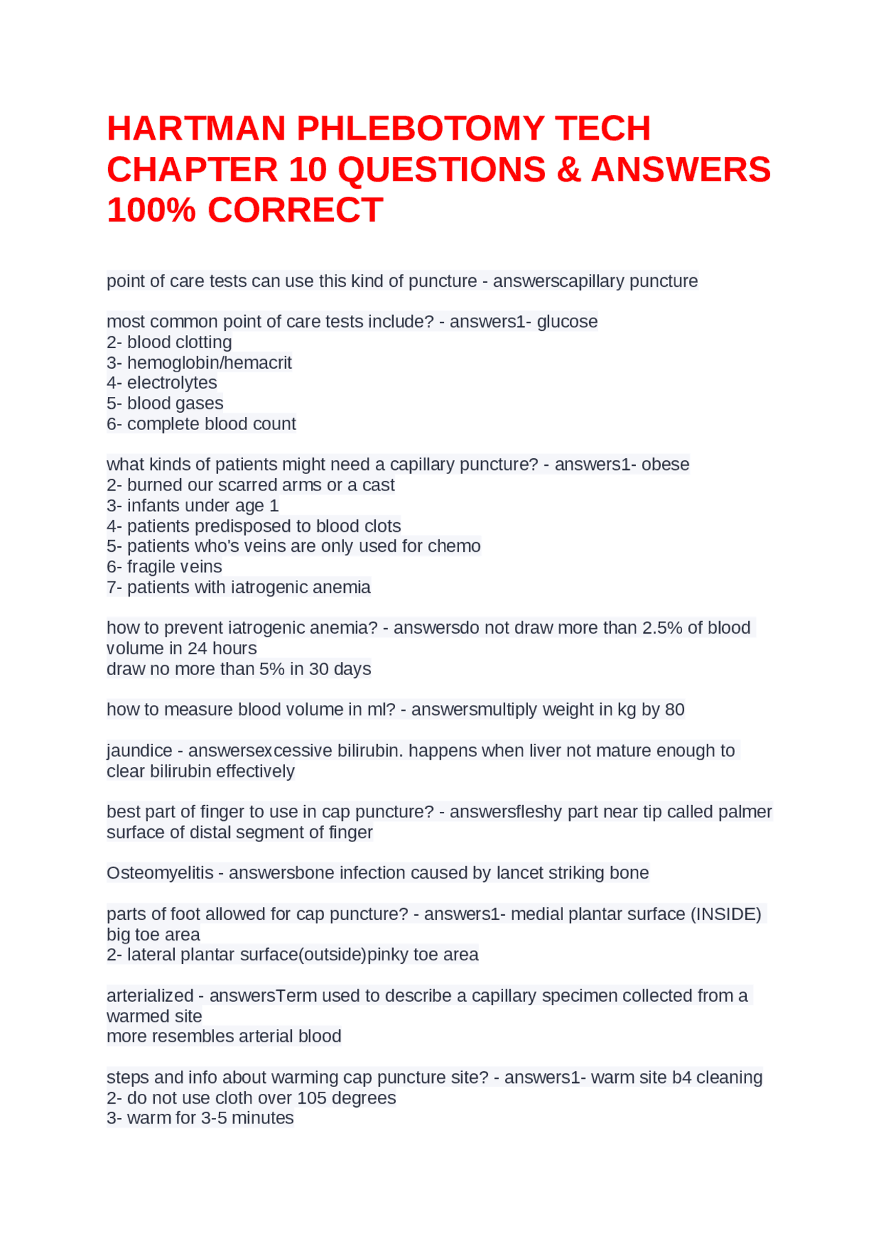 Phlebotomy Techniques: Chapter 10 Questions and Answers | Exams Nursing ...