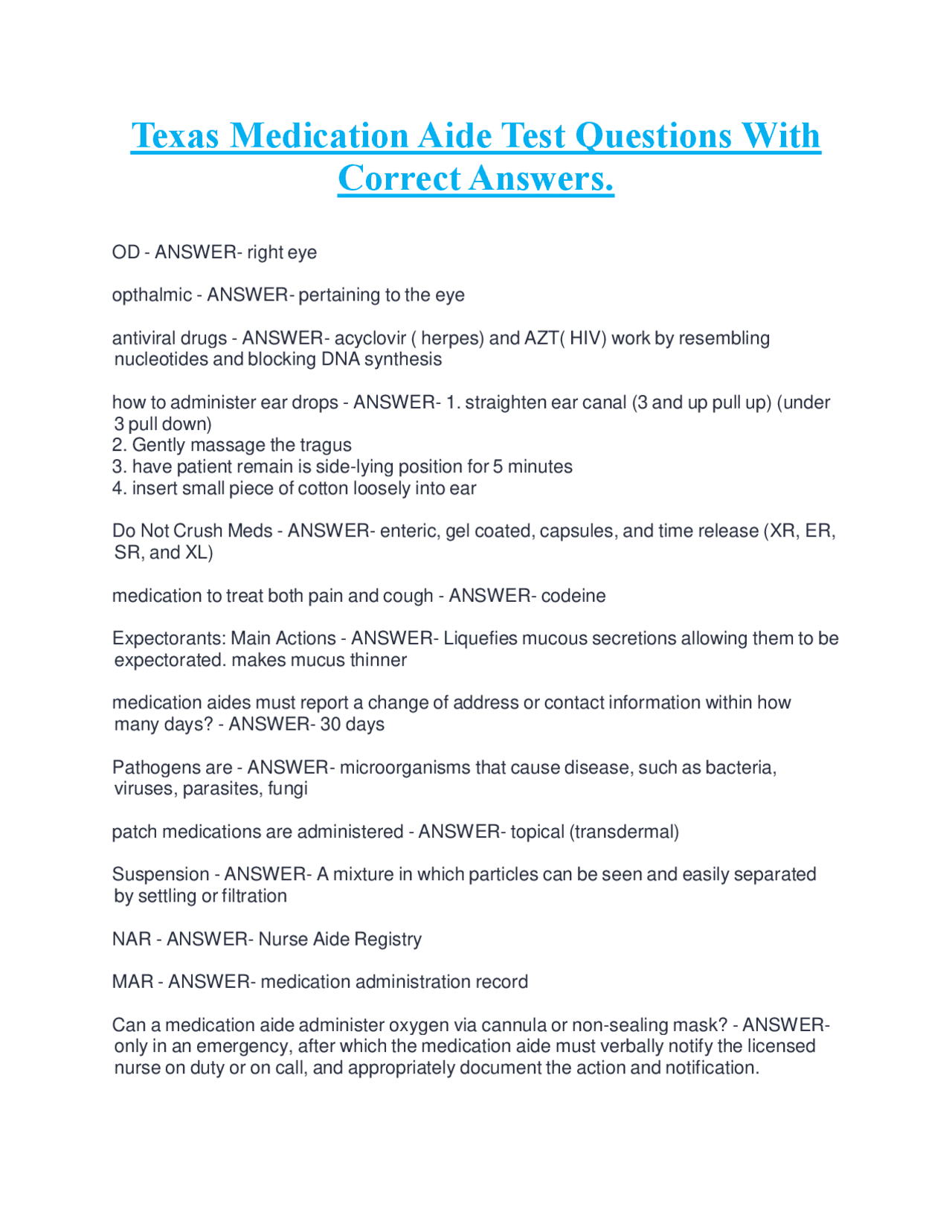 Texas Medication Aide Test Questions and Answers | Exams Medical ...