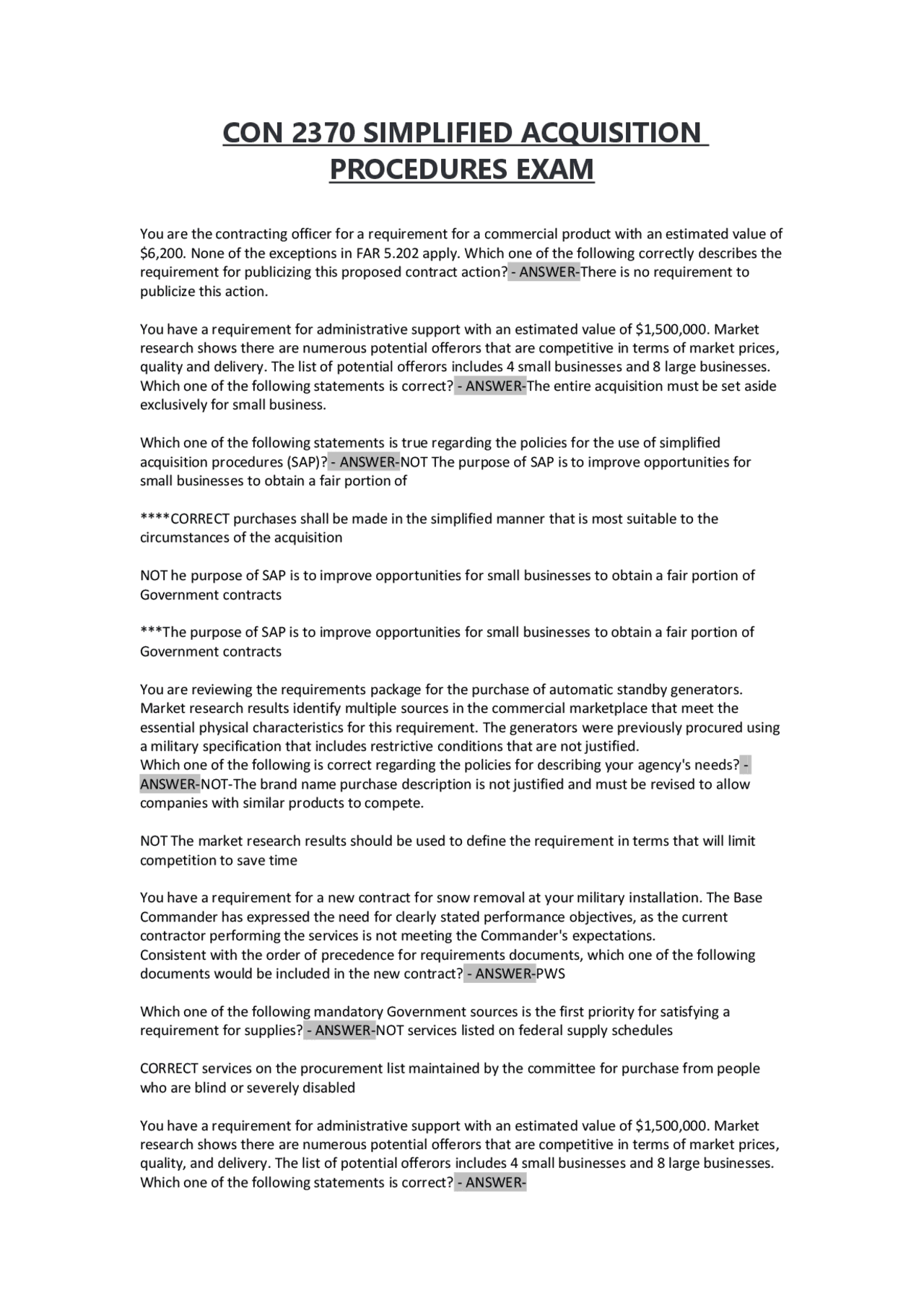 CON 2370 Simplified Acquisition Procedures Exam | Exams Business ...