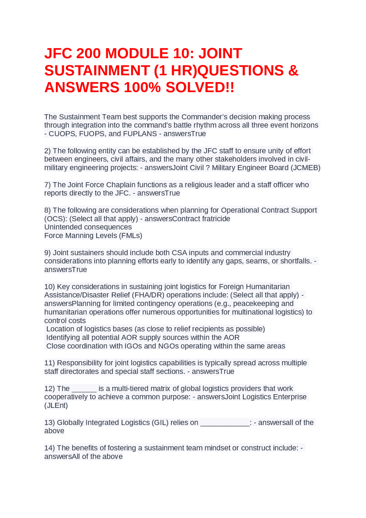 JFC 200 MODULE 10: JOINT SUSTAINMENT (1 HR)QUESTIONS & ANSWERS 100% ...