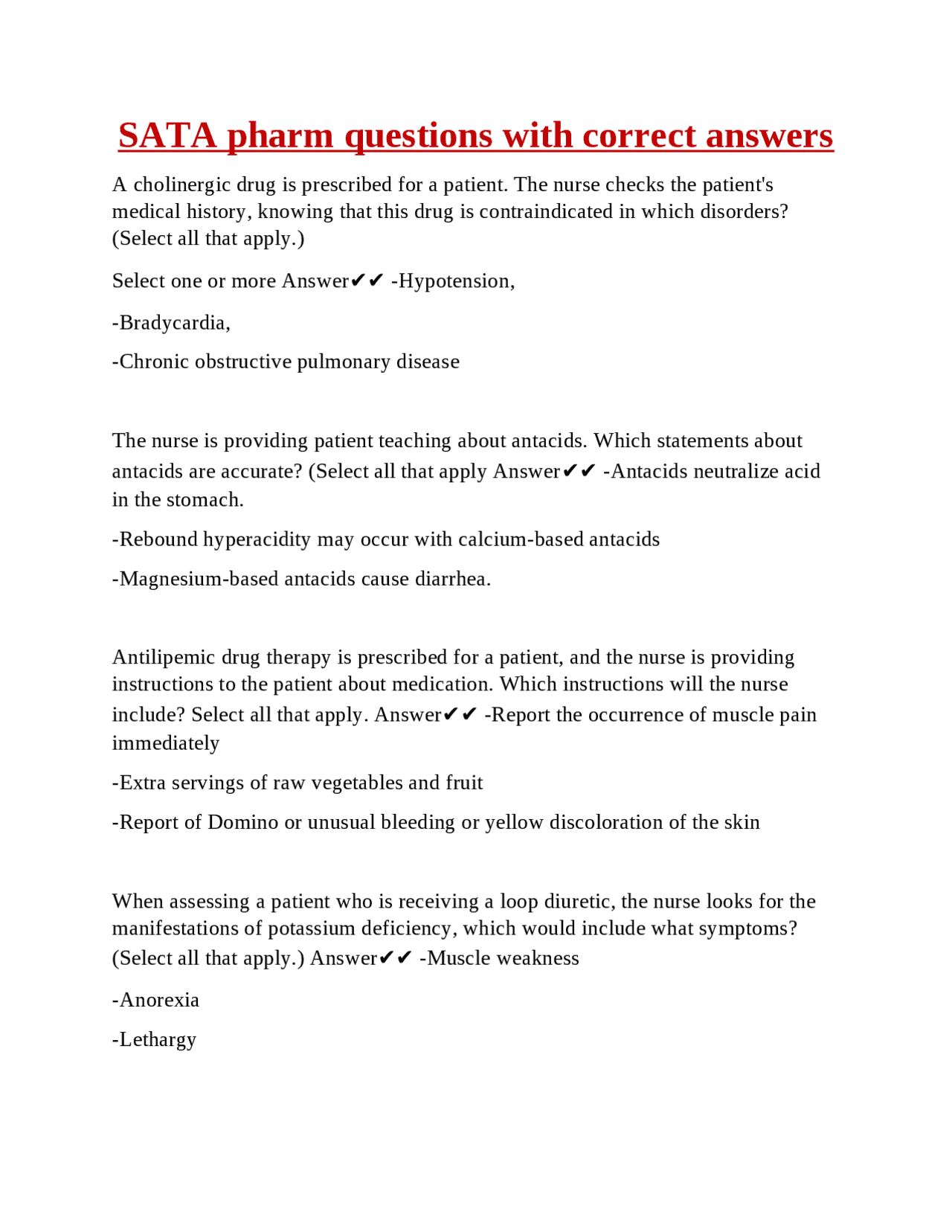 SATA pharm questions with correct answers | Exams Nursing | Docsity