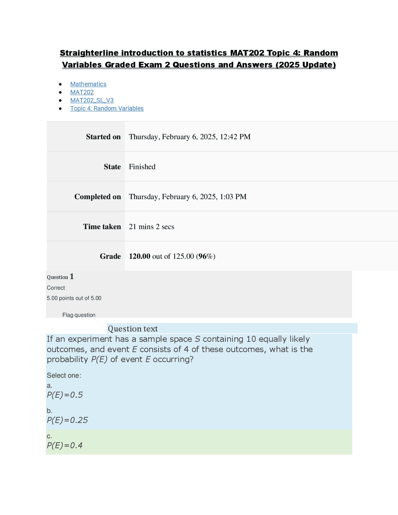 Straighterline introduction to statistics MAT202 Topic 4: Random Variables Graded Exam 2 Q ...