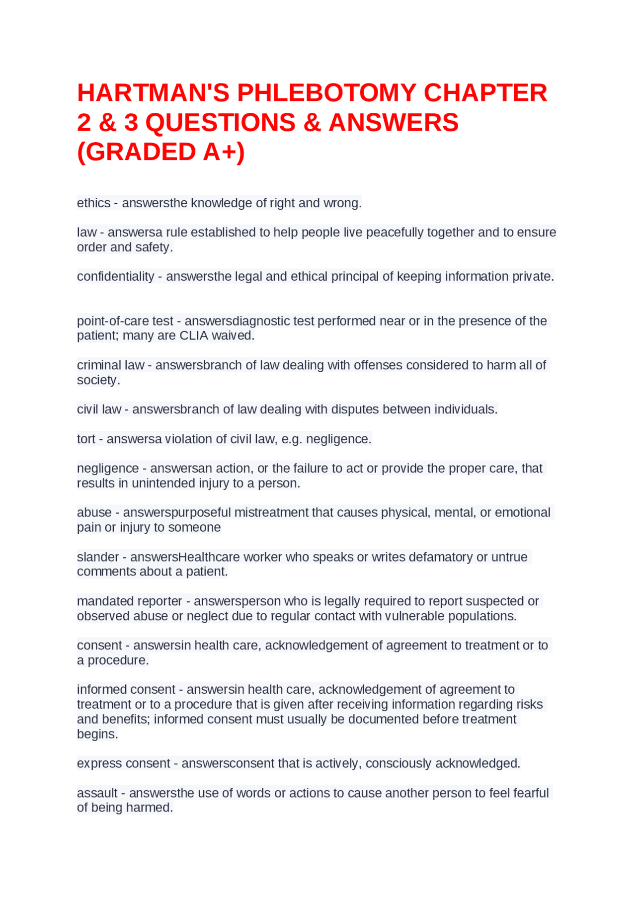 HARTMAN'S PHLEBOTOMY CHAPTER 2 & 3 QUESTIONS & ANSWERS (GRADED A+ ...