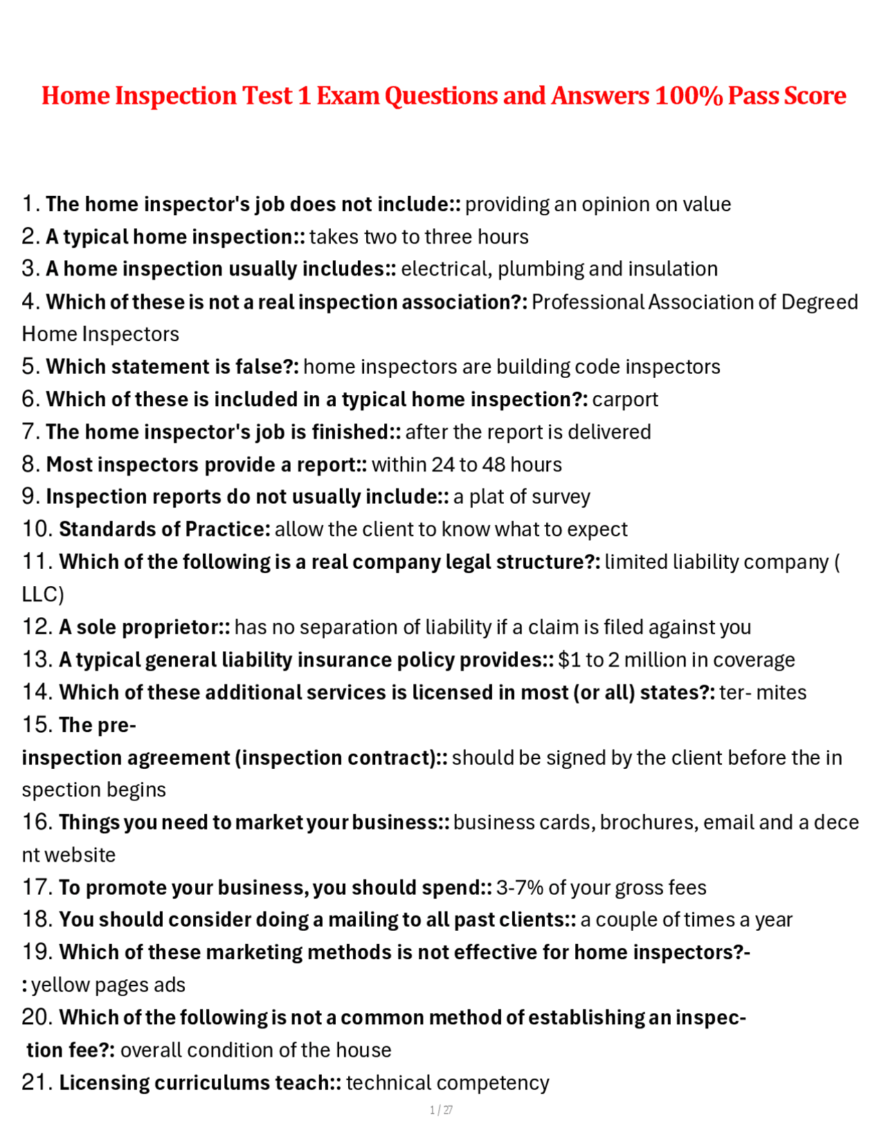 Home Inspection Test 1 Exam Questions and Answers 100% Pass Score 2025/ ...