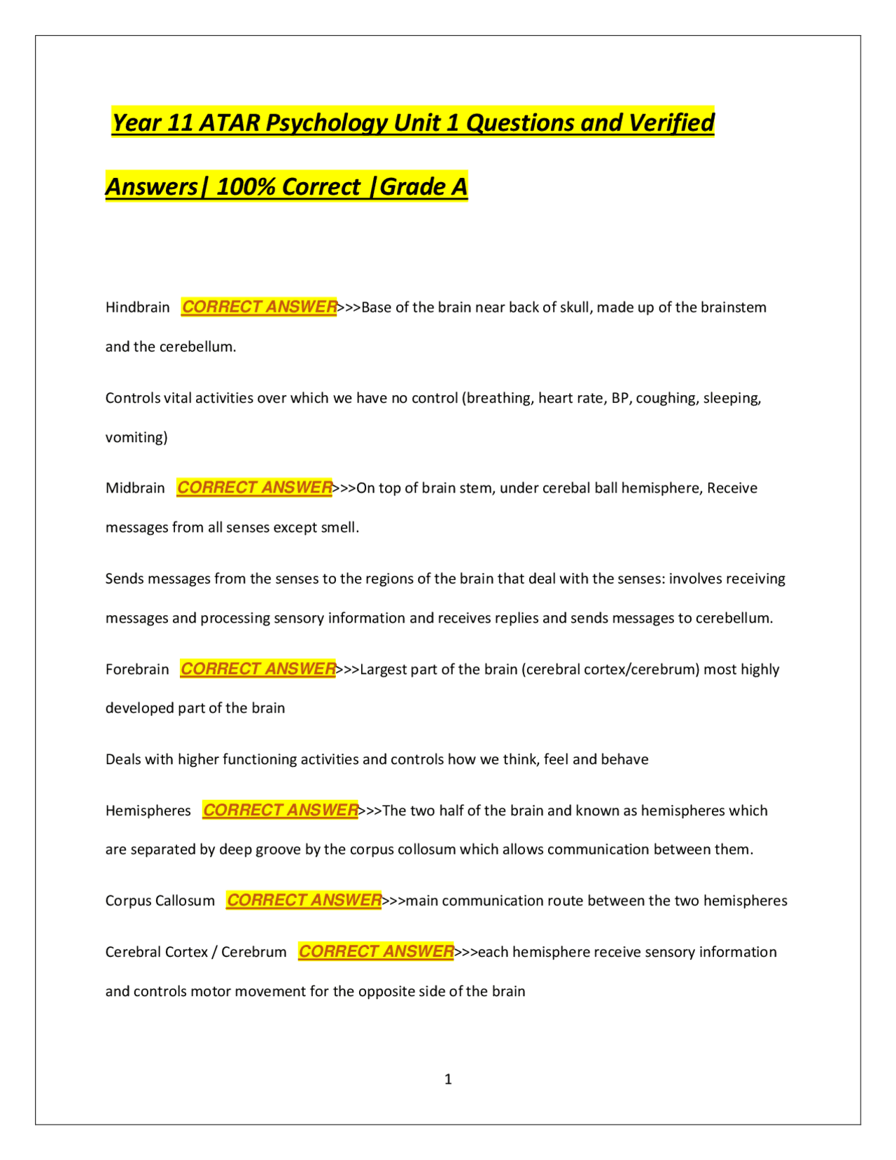 Year 11 ATAR Psychology Unit 1 Questions and Verified Answers| 100% ...