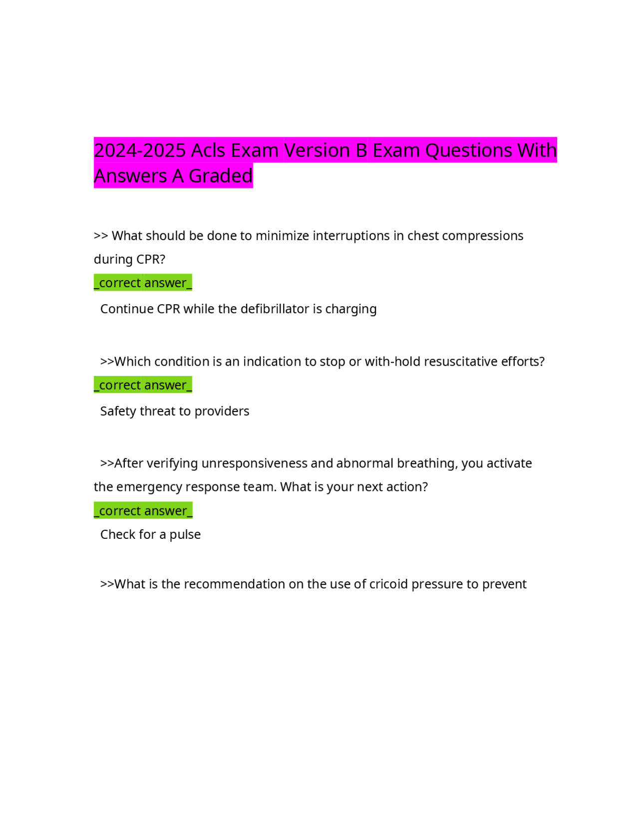2024-2025 Acls Exam Version B Exam Questions With Answers A Graded ...