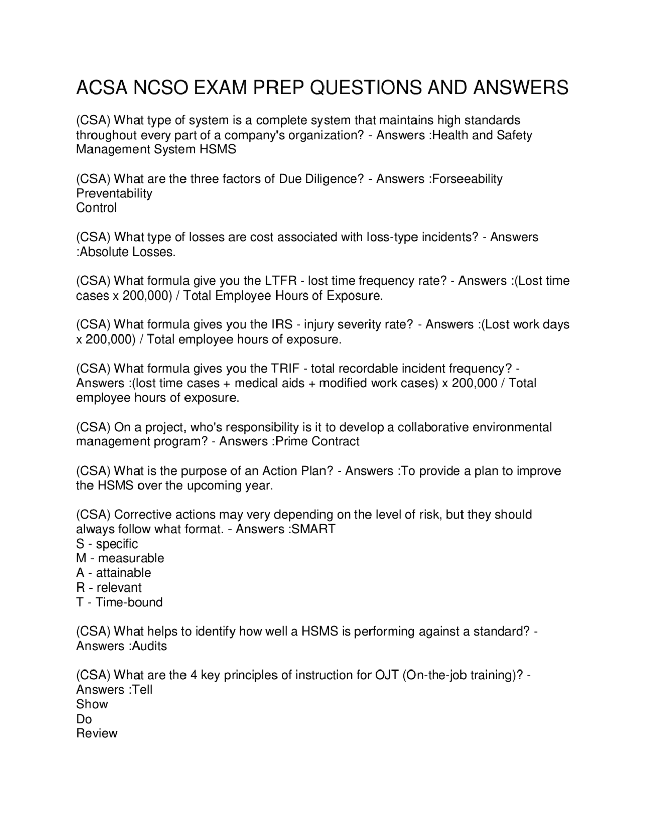 ACSA NCSO Exam Prep Questions and Answers: Occupational Health and ...