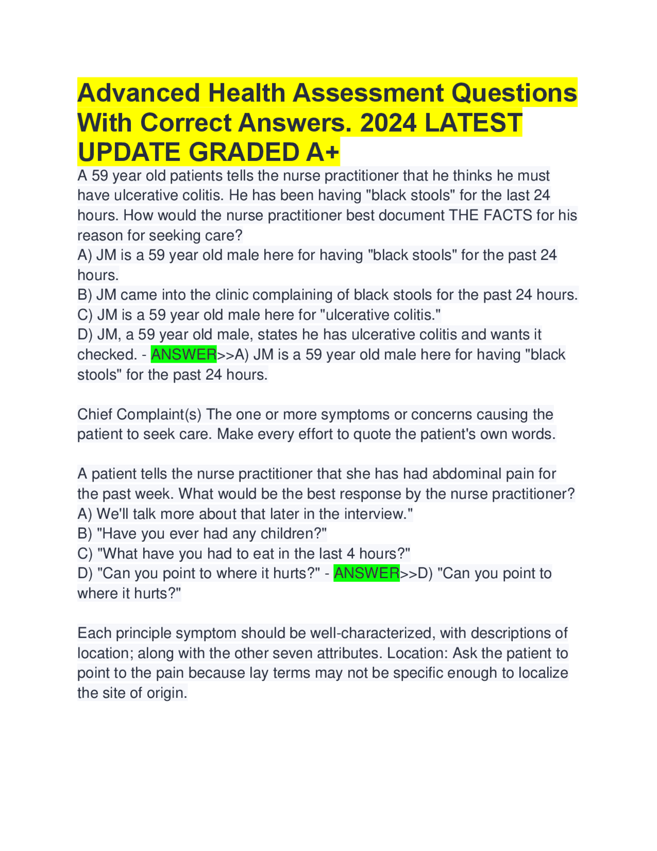 Advanced Health Assessment Questions With Correct Answers. 2024-2025 ...