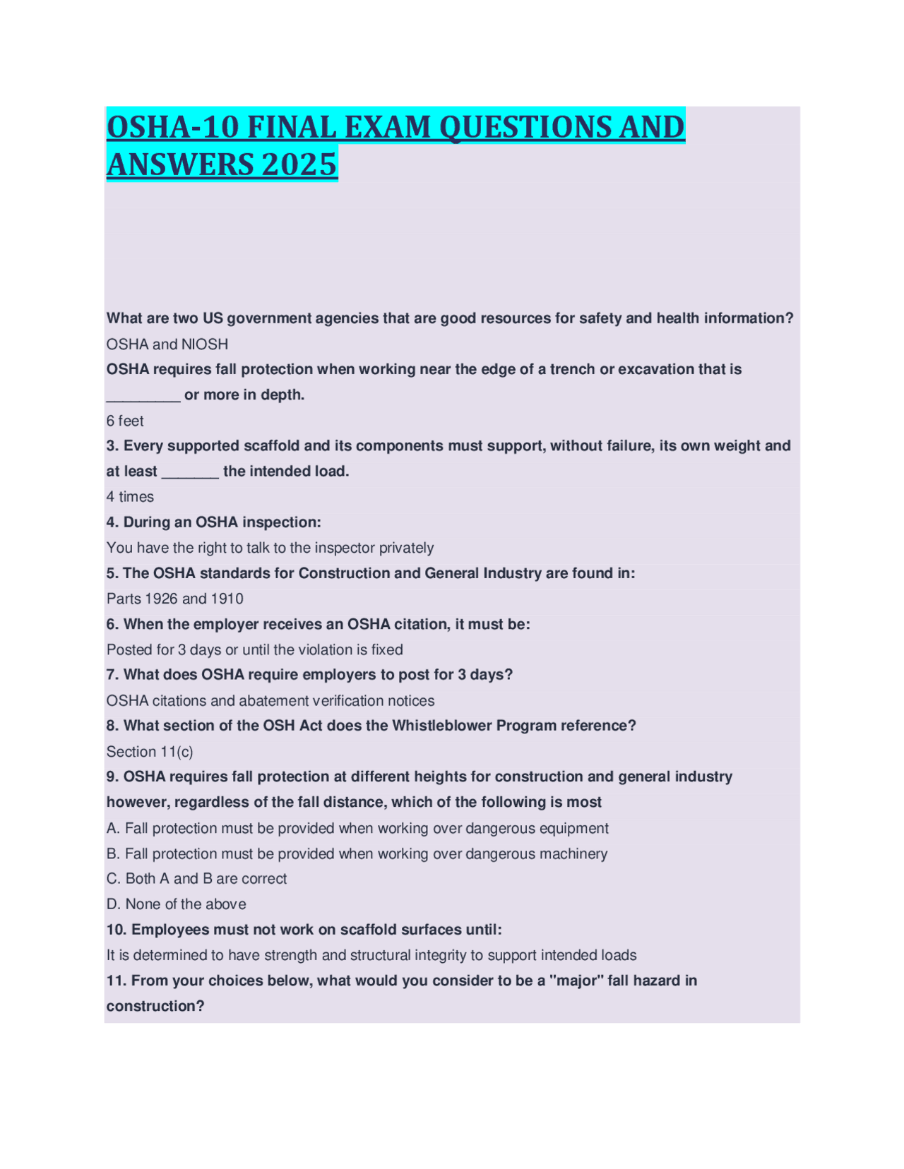 OSHA-10 FINAL EXAM QUESTIONS AND ANSWERS 2025 | Exams Public Health ...