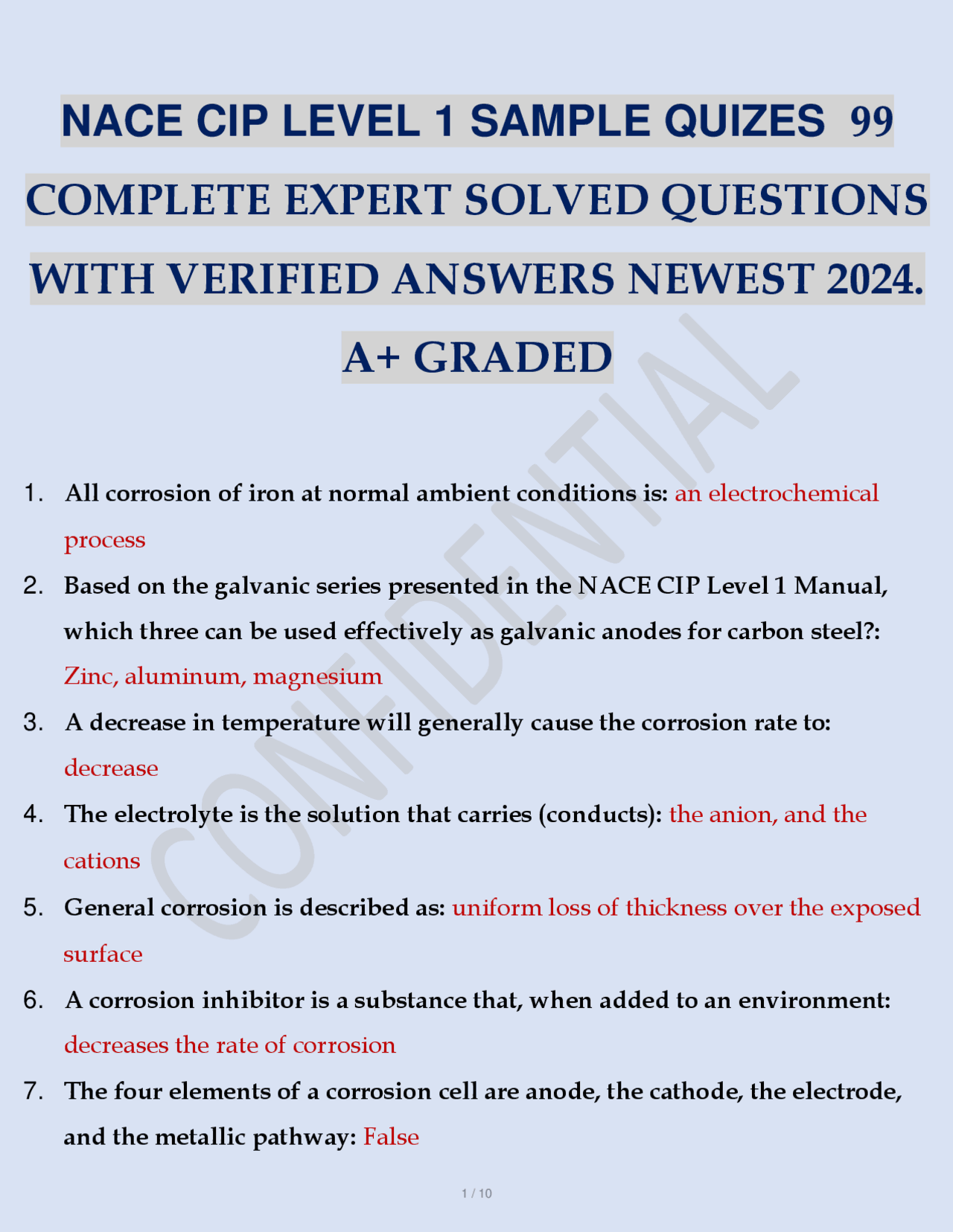NACE CIP LEVEL 1 SAMPLE QUIZES 99 COMPLETE EXPERT SOLVED QUESTIONS WITH VERIFIED ANSWERS | Exams ...