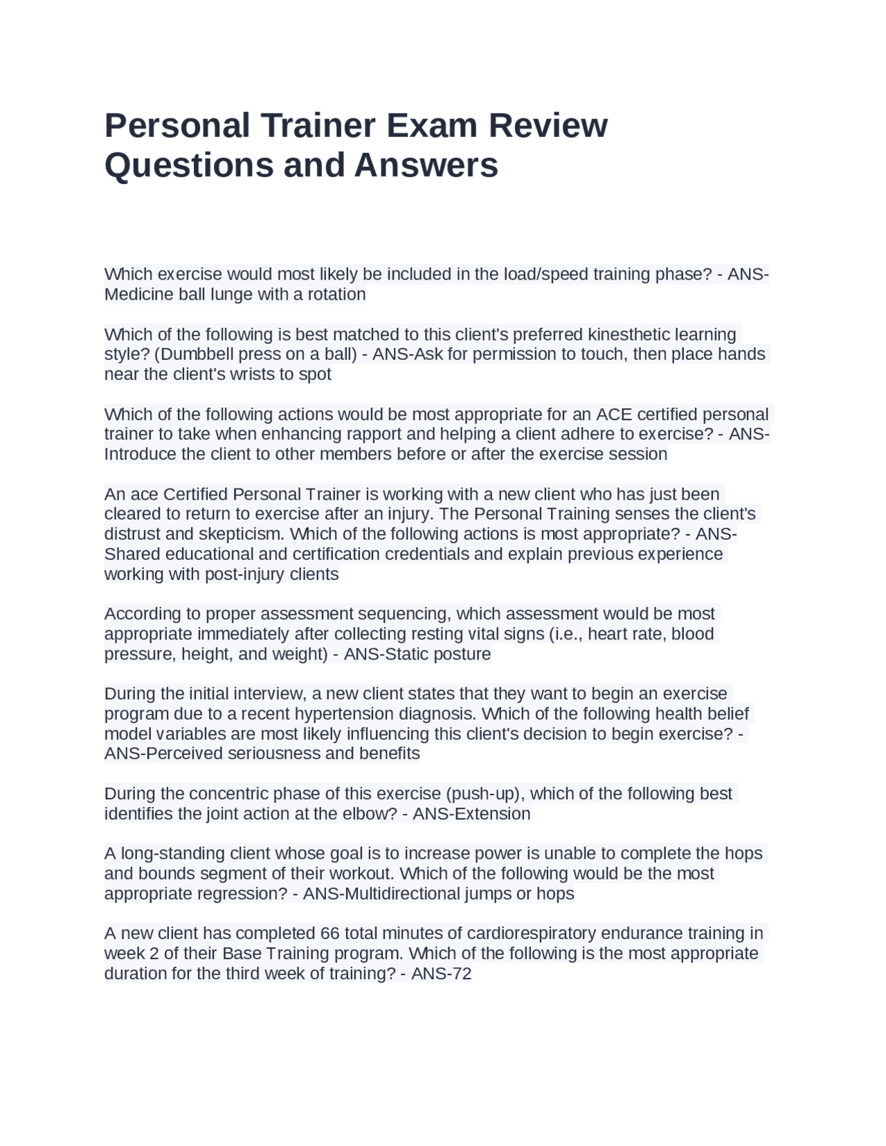 Personal Trainer Exam Review Questions and Answers | Exams Advanced ...