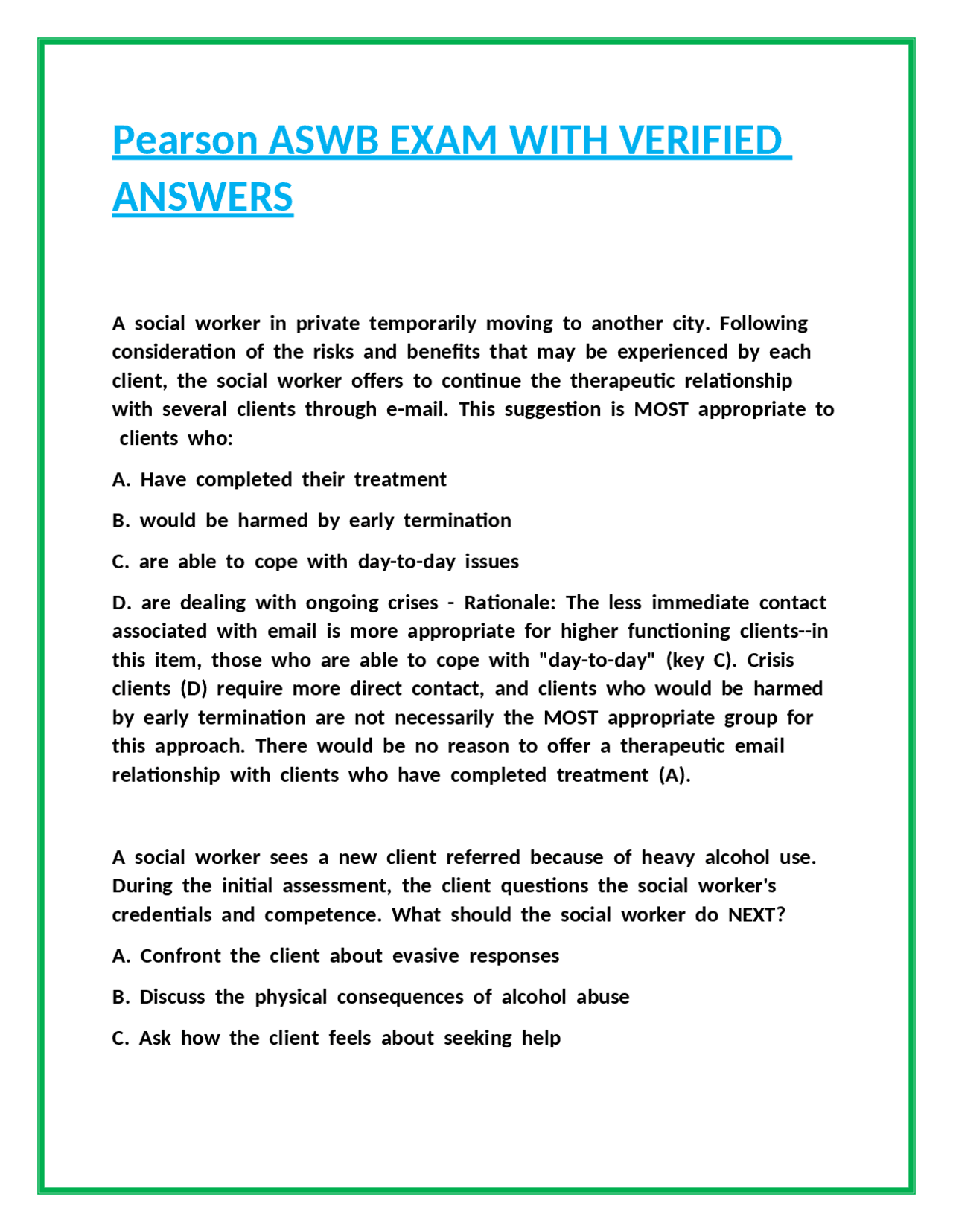 ASWB Exam Practice Questions with Verified Answers | Exams Social Work ...