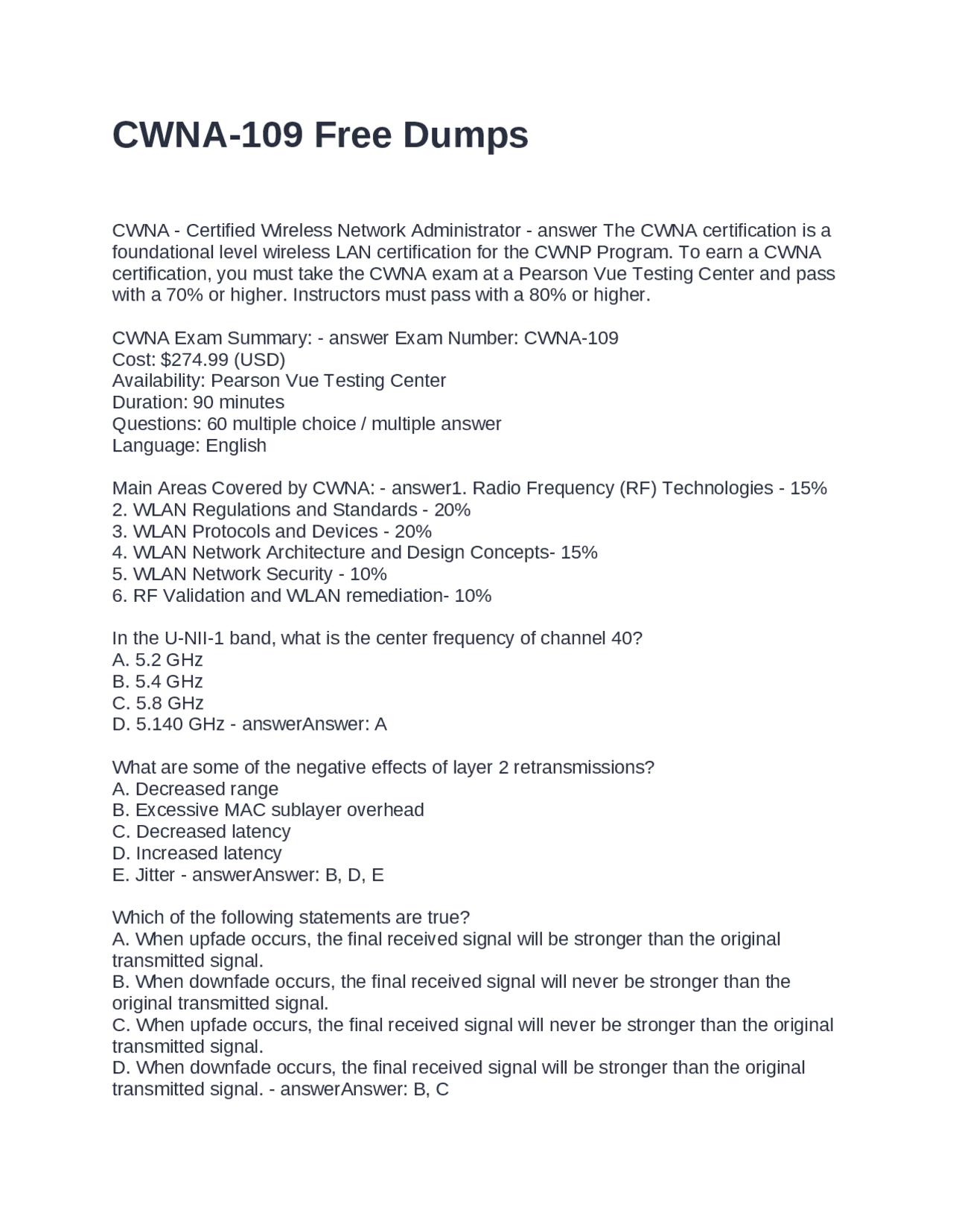 CWNA-109 Free Dumps Questions with Accurate Answers | Exams Advanced Education | Docsity