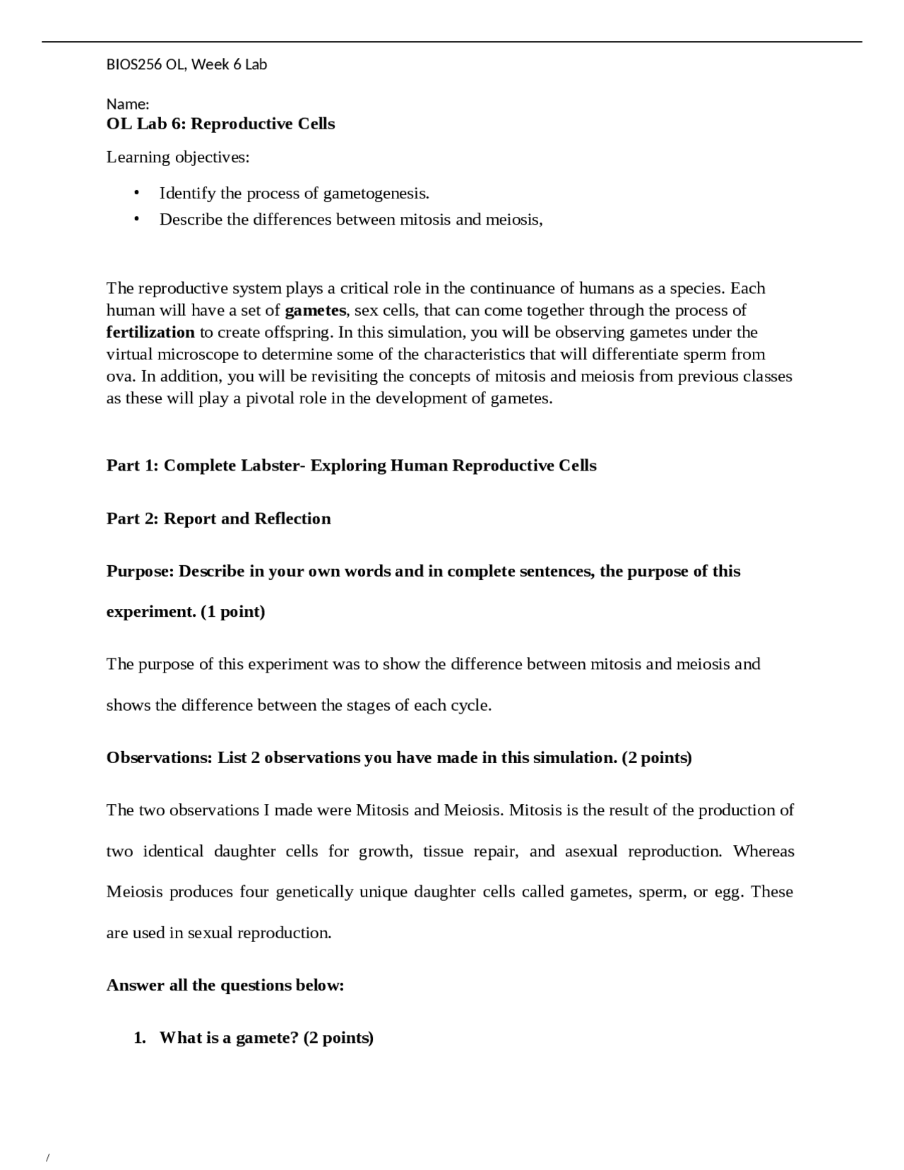 BIOS 256 OL Lab 6: Reproductive Cells | Lab Reports Biology | Docsity