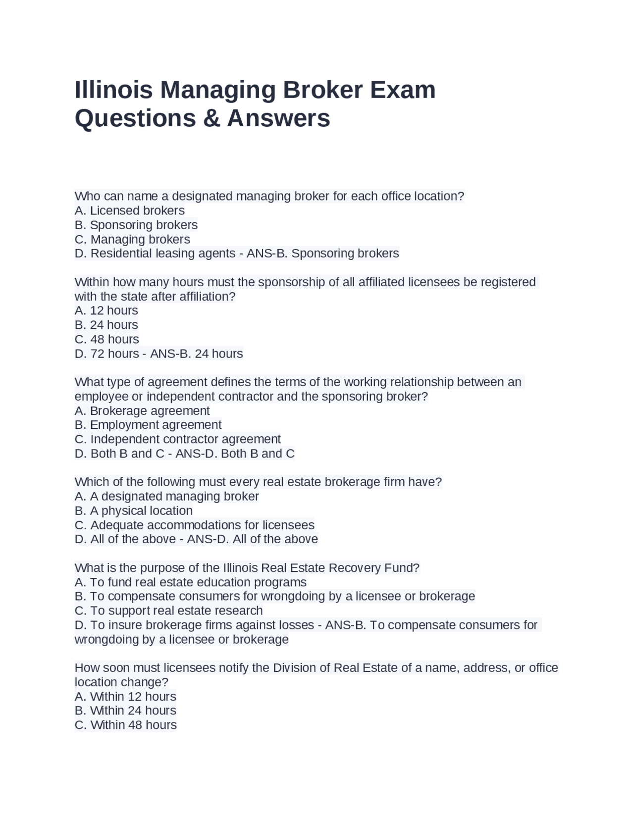Illinois Managing Broker Exam Questions & Answers | Exams Advanced ...