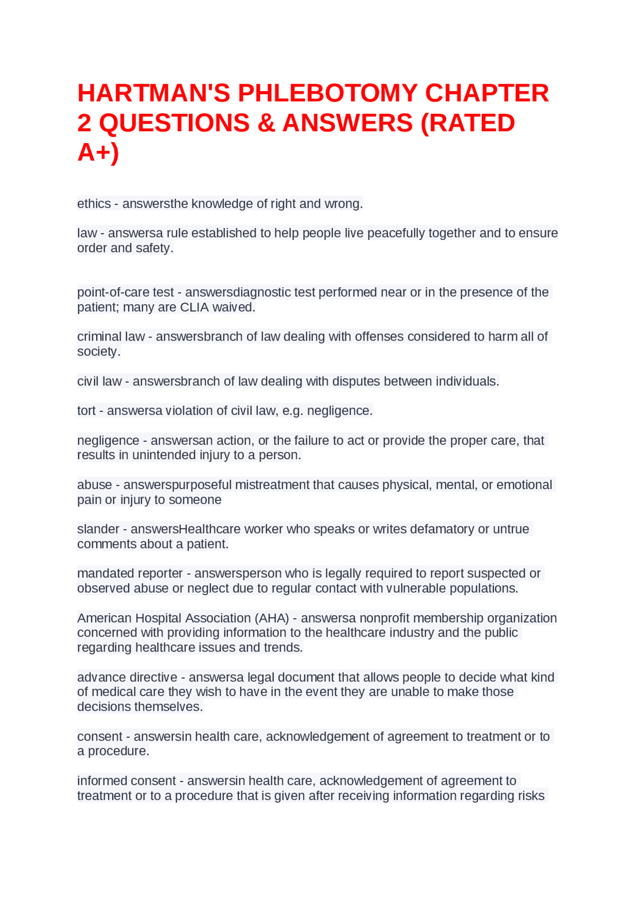 HARTMAN'S PHLEBOTOMY CHAPTER 2 QUESTIONS & ANSWERS (RATED A+) | Exams ...