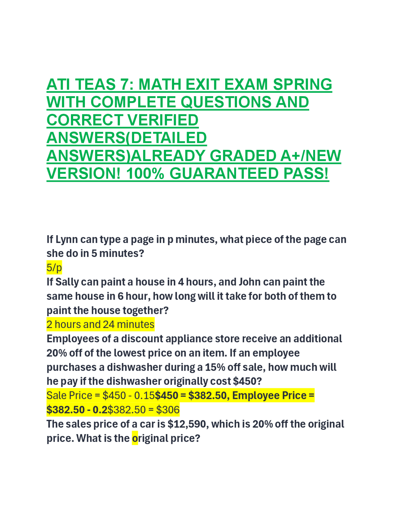 ATI TEAS 7: MATH EXIT EXAM SPRING WITH COMPLETE QUESTIONS AND CORRECT ...
