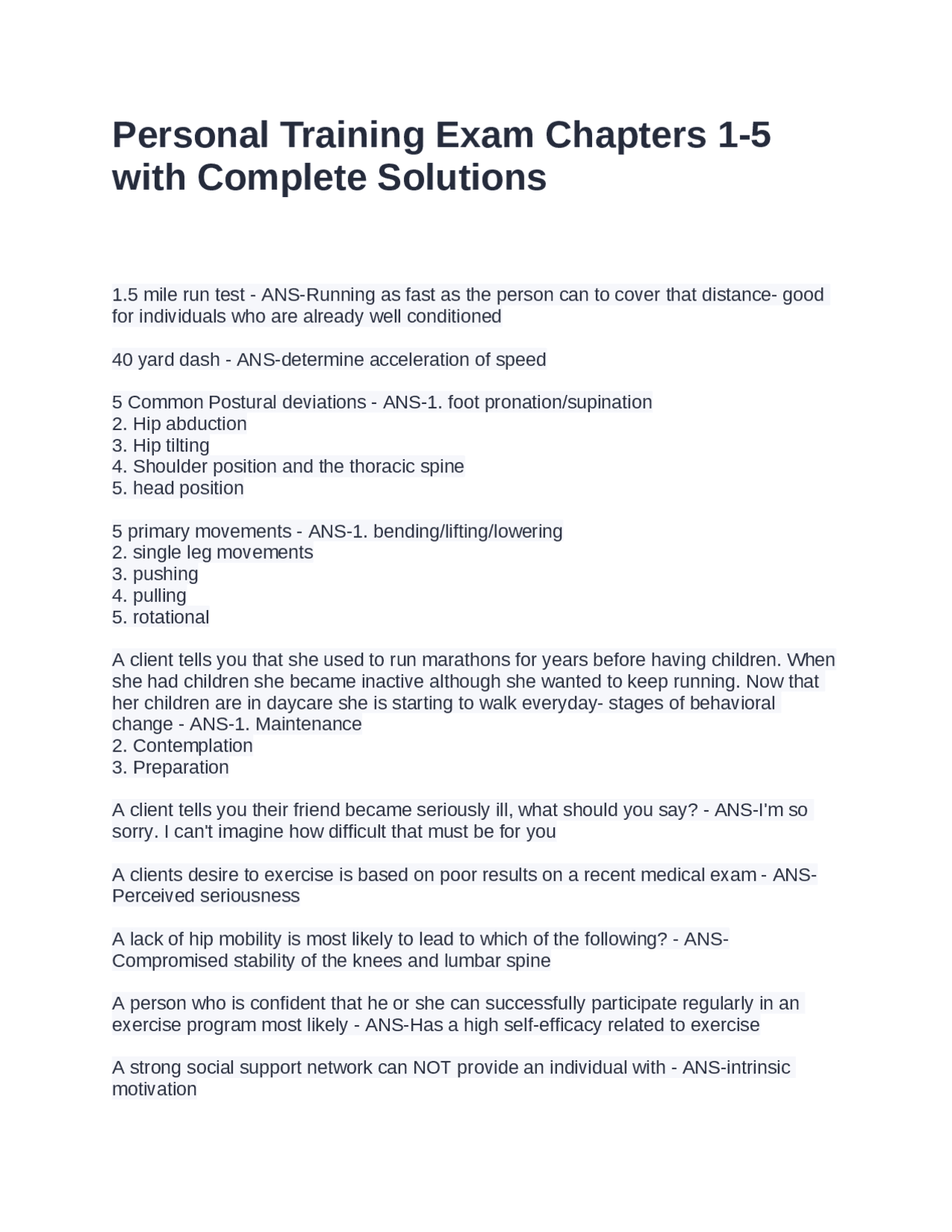 Personal Training Exam Chapters 1-5 with Complete Solutions | Exams ...