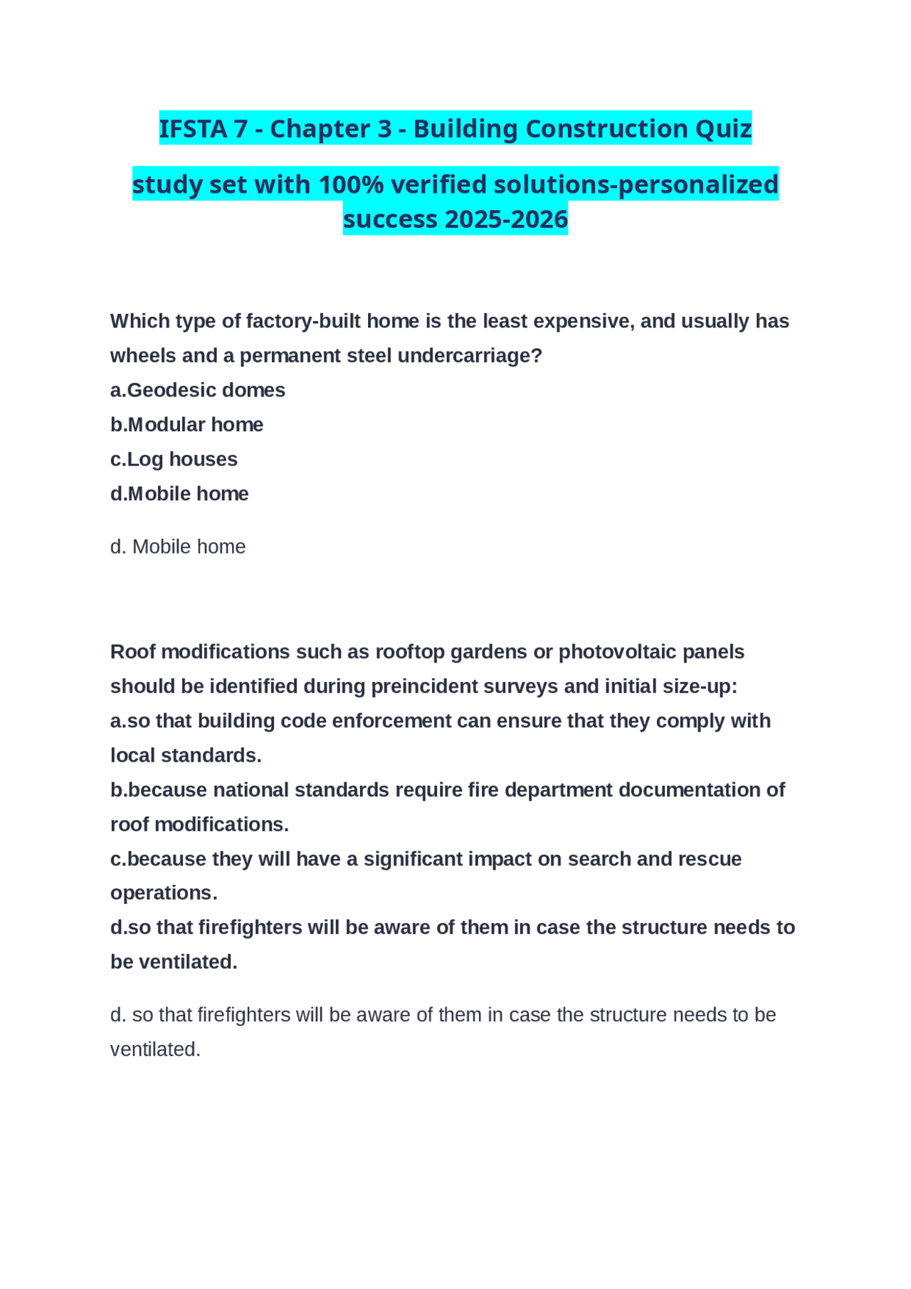 IFSTA 7 - Chapter 3 - Building Construction Quiz study set with 100% ...