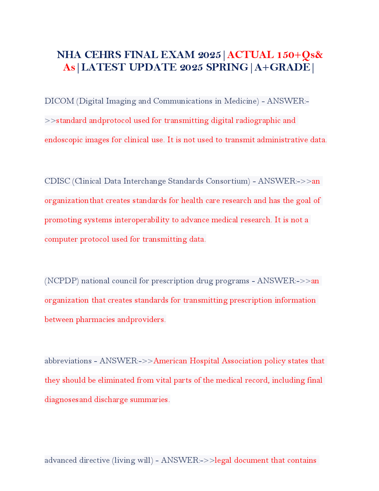 NHA CEHRS Final Exam 2025: Comprehensive Glossary of Healthcare Terms and Concepts | Exams ...