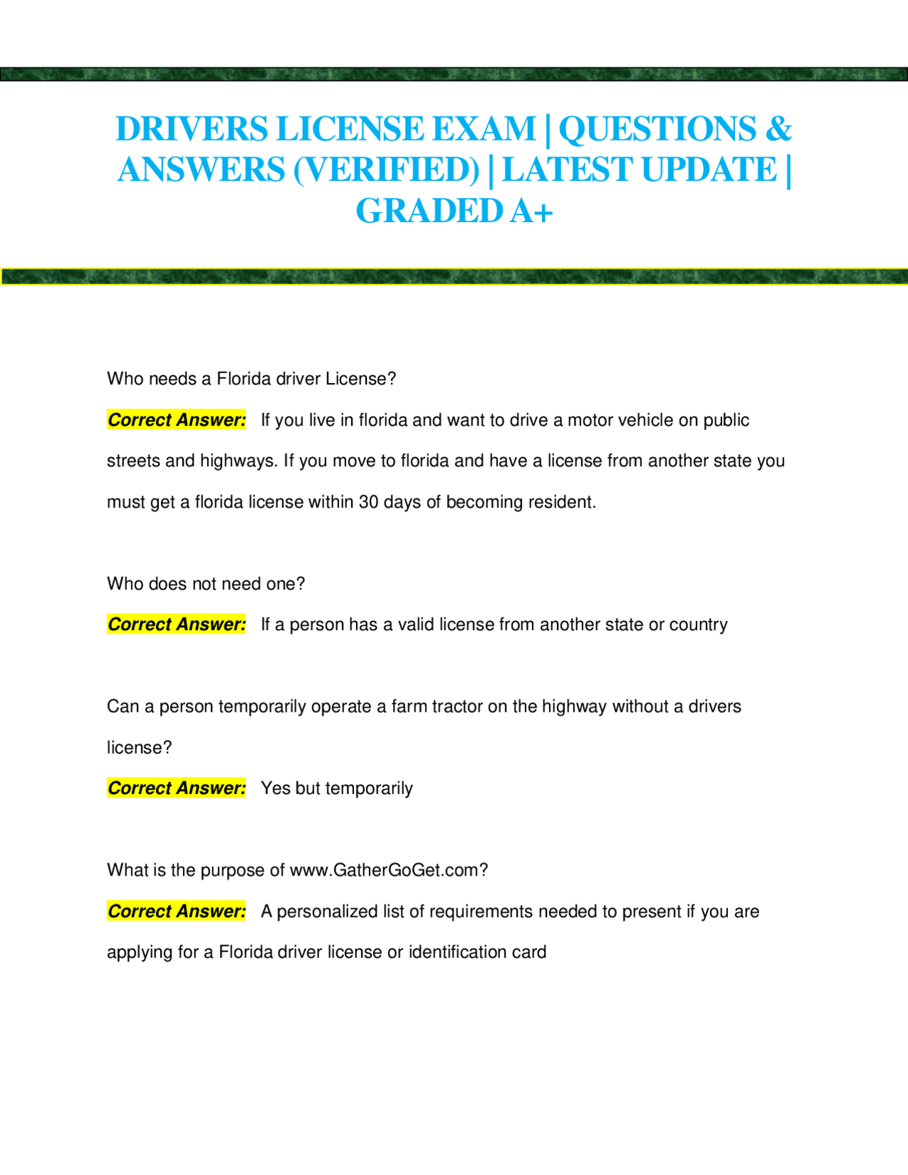 DRIVERS LICENSE EXAM | QUESTIONS & ANSWERS (VERIFIED) | LATEST UPDATE ...