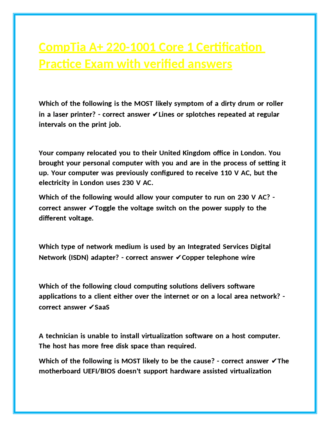 CompTia A+ 220-1001 Core 1 Certification Practice Exam with verified answers | Exams Computer ...