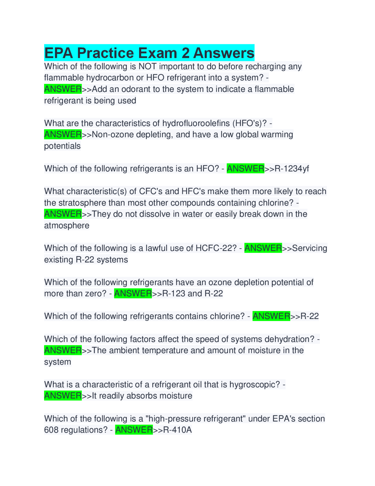 EPA Practice Exam 2 Answers 2025 | Exams Refrigeration and Air ...
