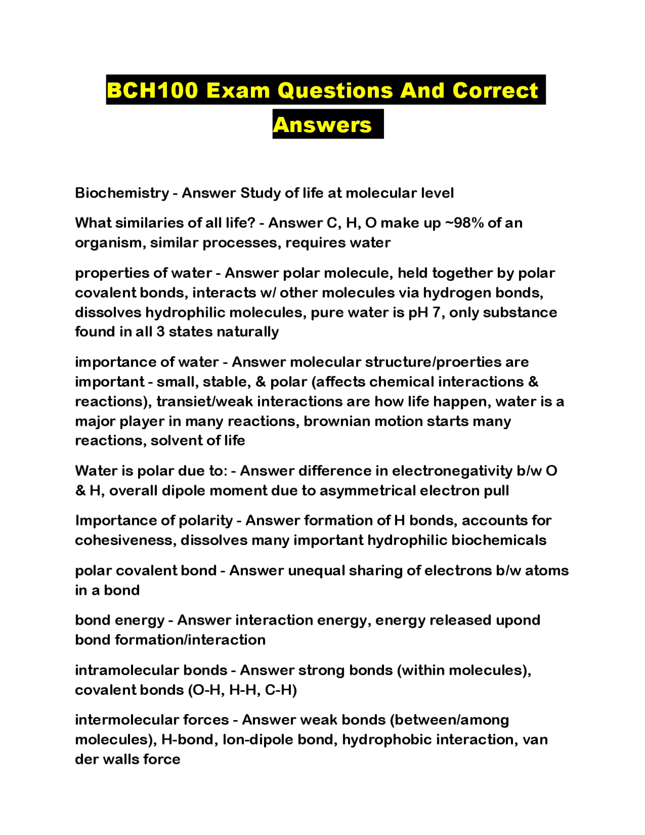 BCH100 Exam Questions and Answers: Biochemistry Fundamentals | Exams ...